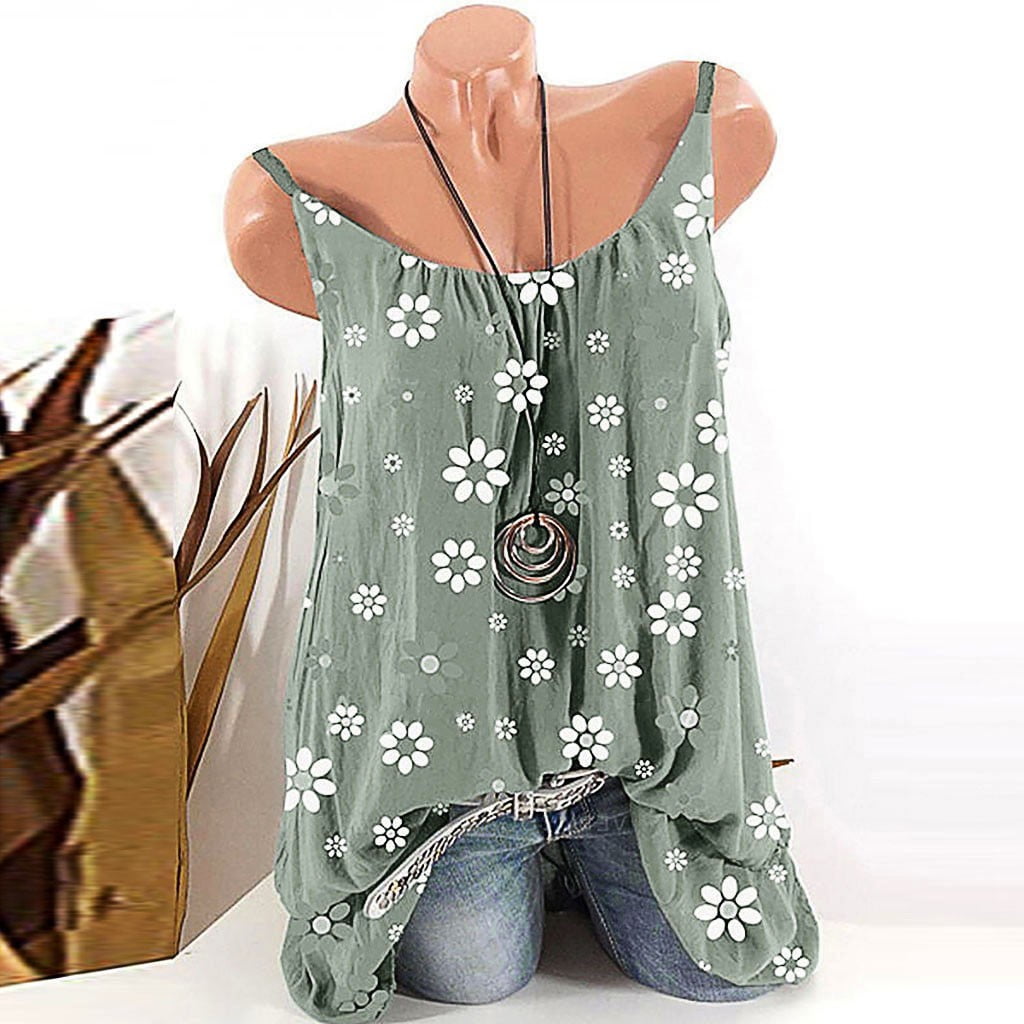 Women's Tanks O Neck Sleeveless Vest Flower Blouses Tops Printing Women ...