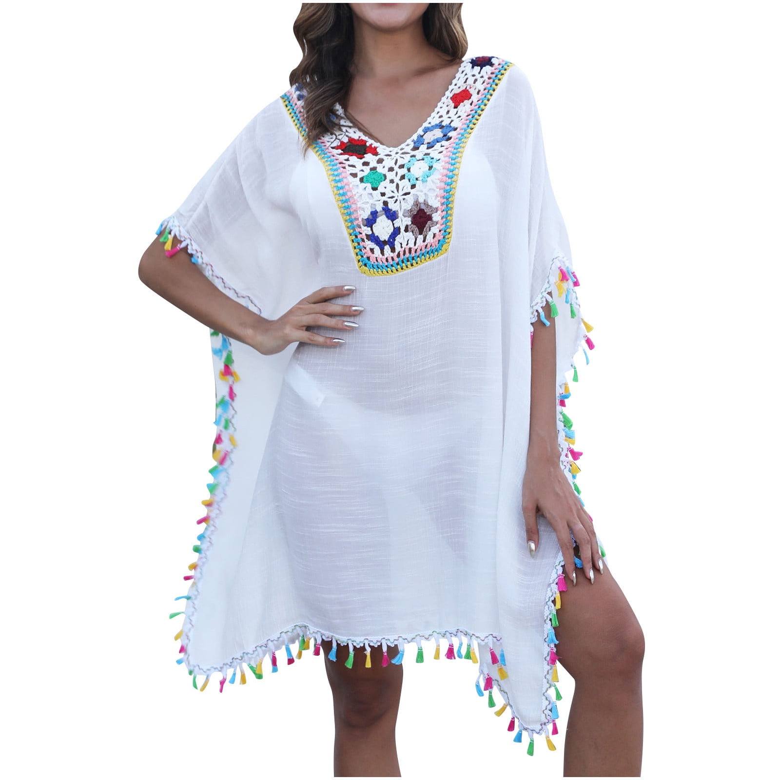 Womens Tassel Swimsuit Coverup Boho Crochet Embroidery Bathing Suit Bikini Stylish Beach Cover