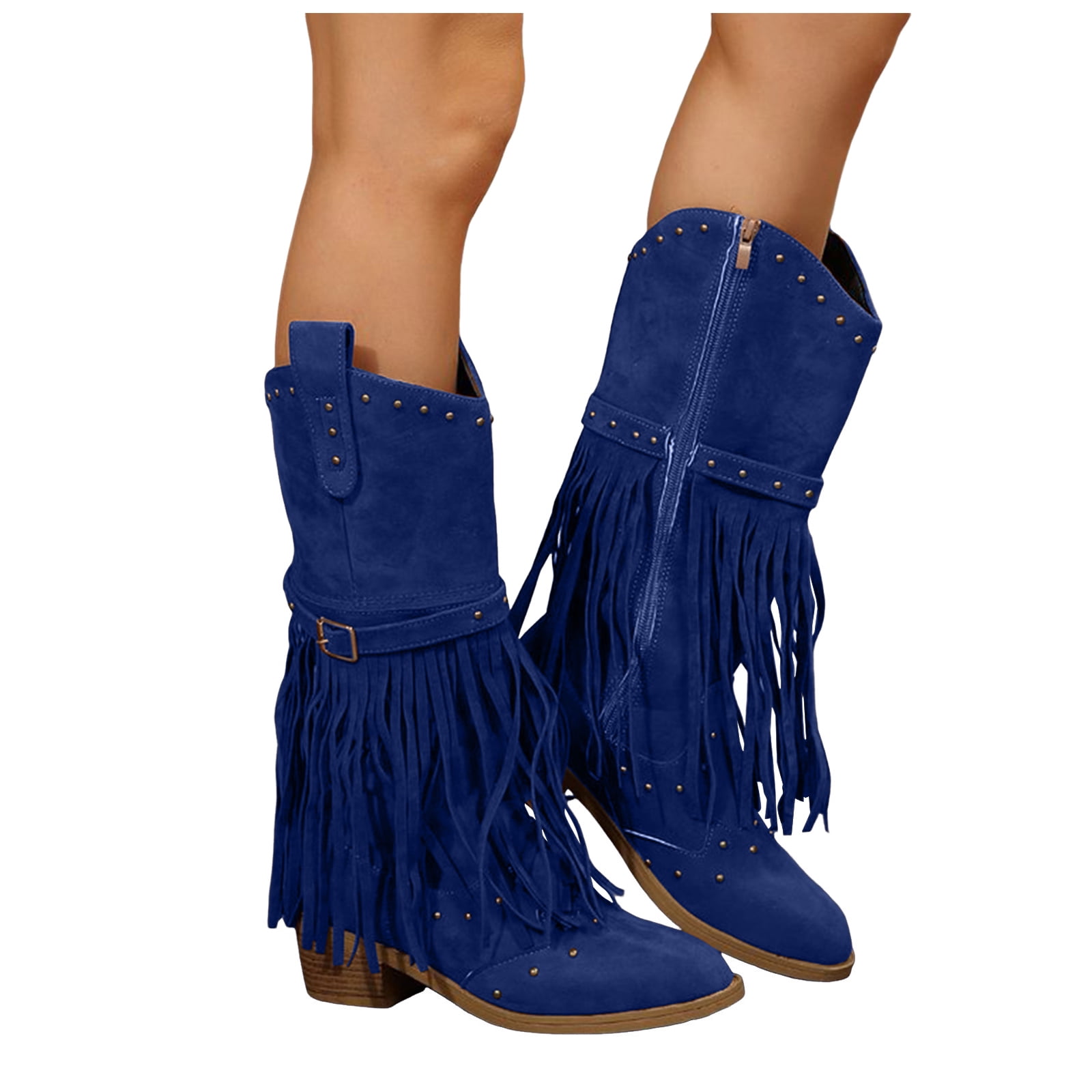 Women's Tassel Wide Mid Calf Western Cowgirl Cowboy Boots Boho Fringe ...