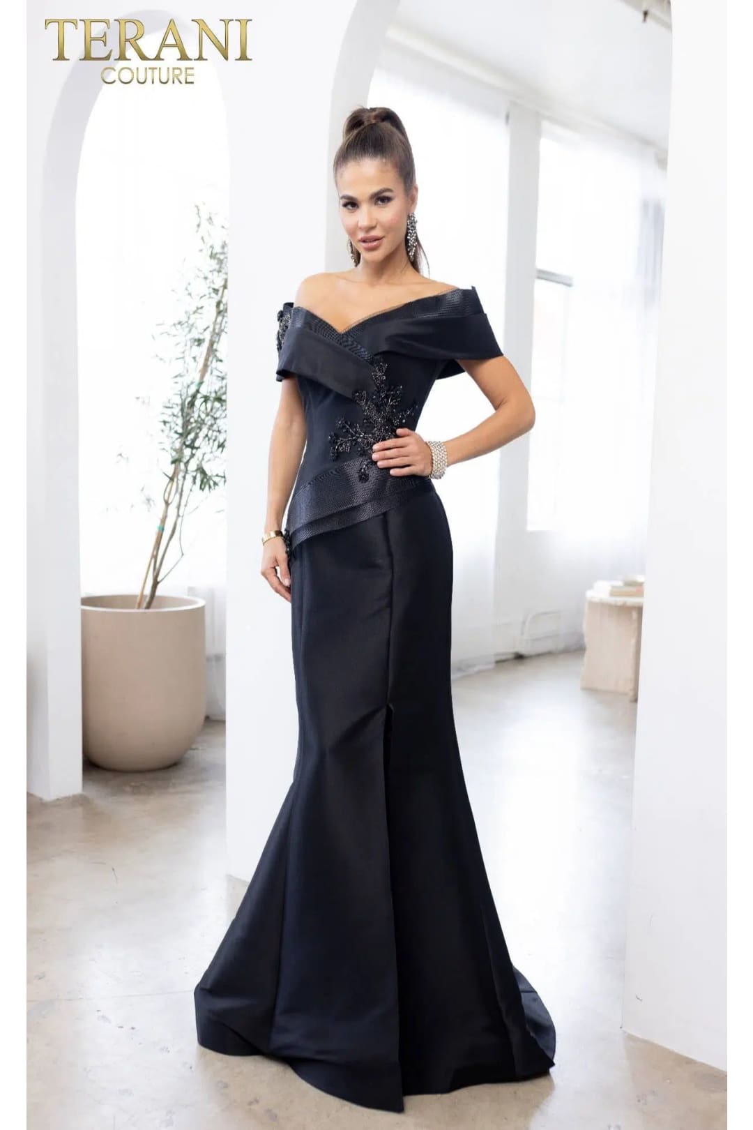 Women's Terani Couture Pleated Neckline Off Shoulder Mid thigh Slit ...