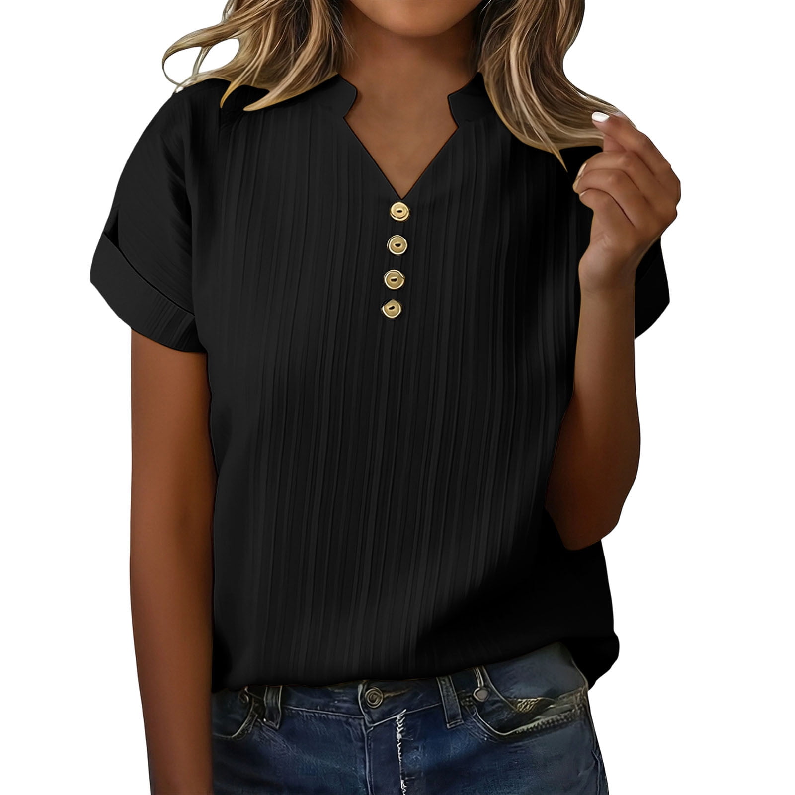Women's Textured Blouse Short Cap Sleeve V Neck 1/4 Button Tees Plus ...