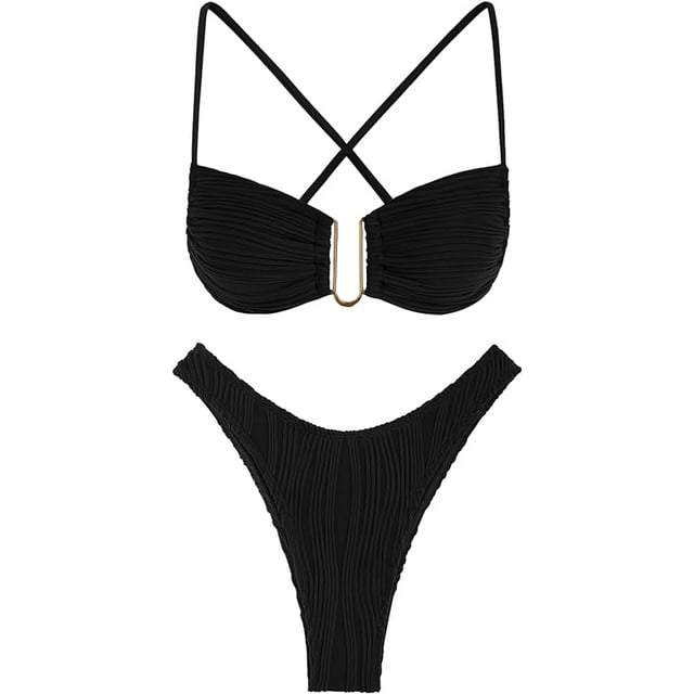 Womens Textured Underwire Bikini Set V Notch High Cut Swimwear Tie
