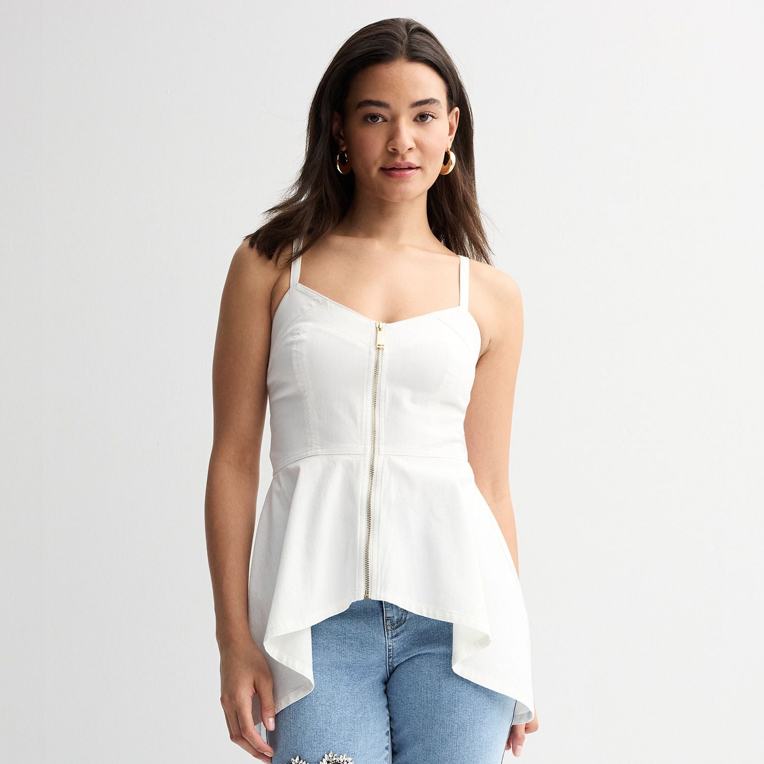 Women's Thalia Sodi Zip Front Denim Peplum Tank Top Color: White Denim ...
