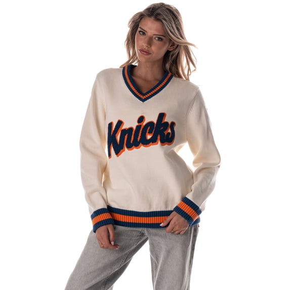 Women's The Wild Collective Cream New York Knicks Jacquard Knit V-Neck ...