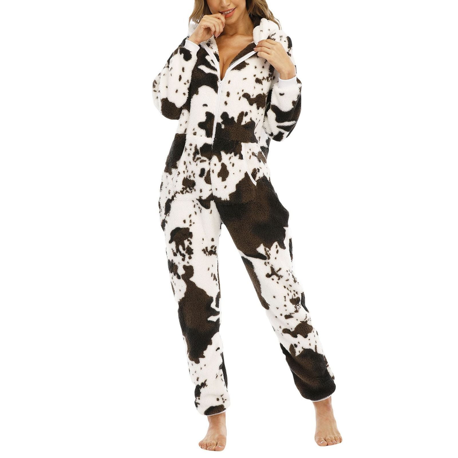 Women's Thermal Fuzzy Fleece Cow Onesie Pajamas Long Sleeve Adult Cute ...