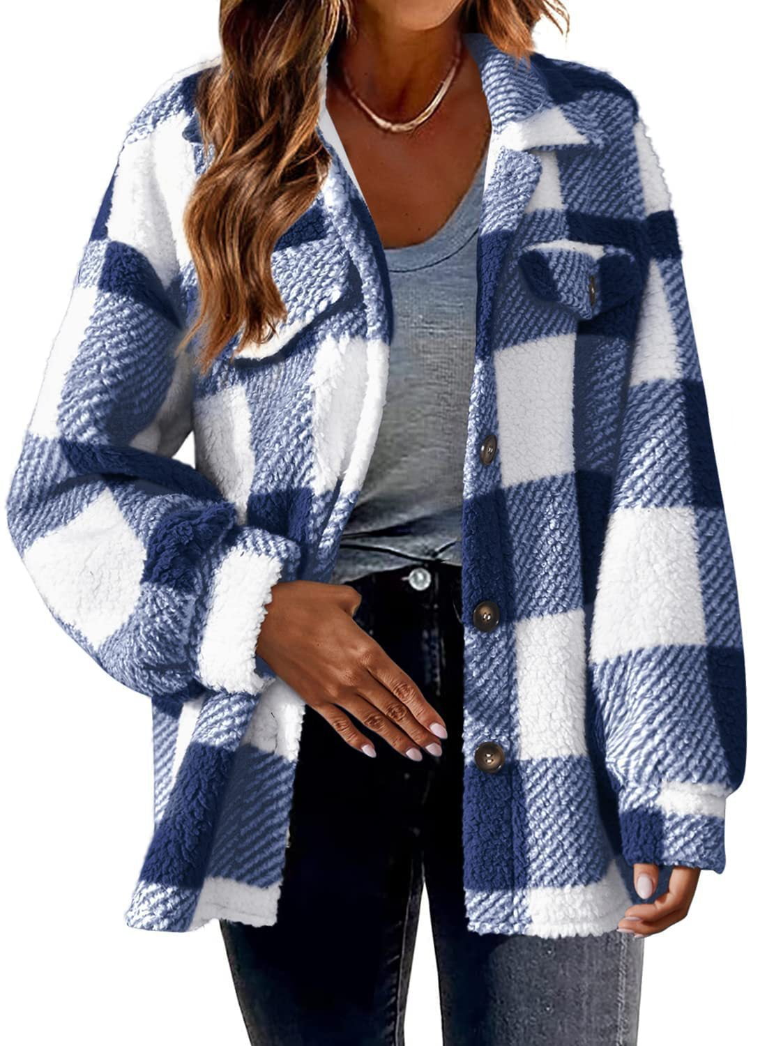 Women's Thermal Sherpa Fleece Lined Flannel Plaid Shirt Button Down ...