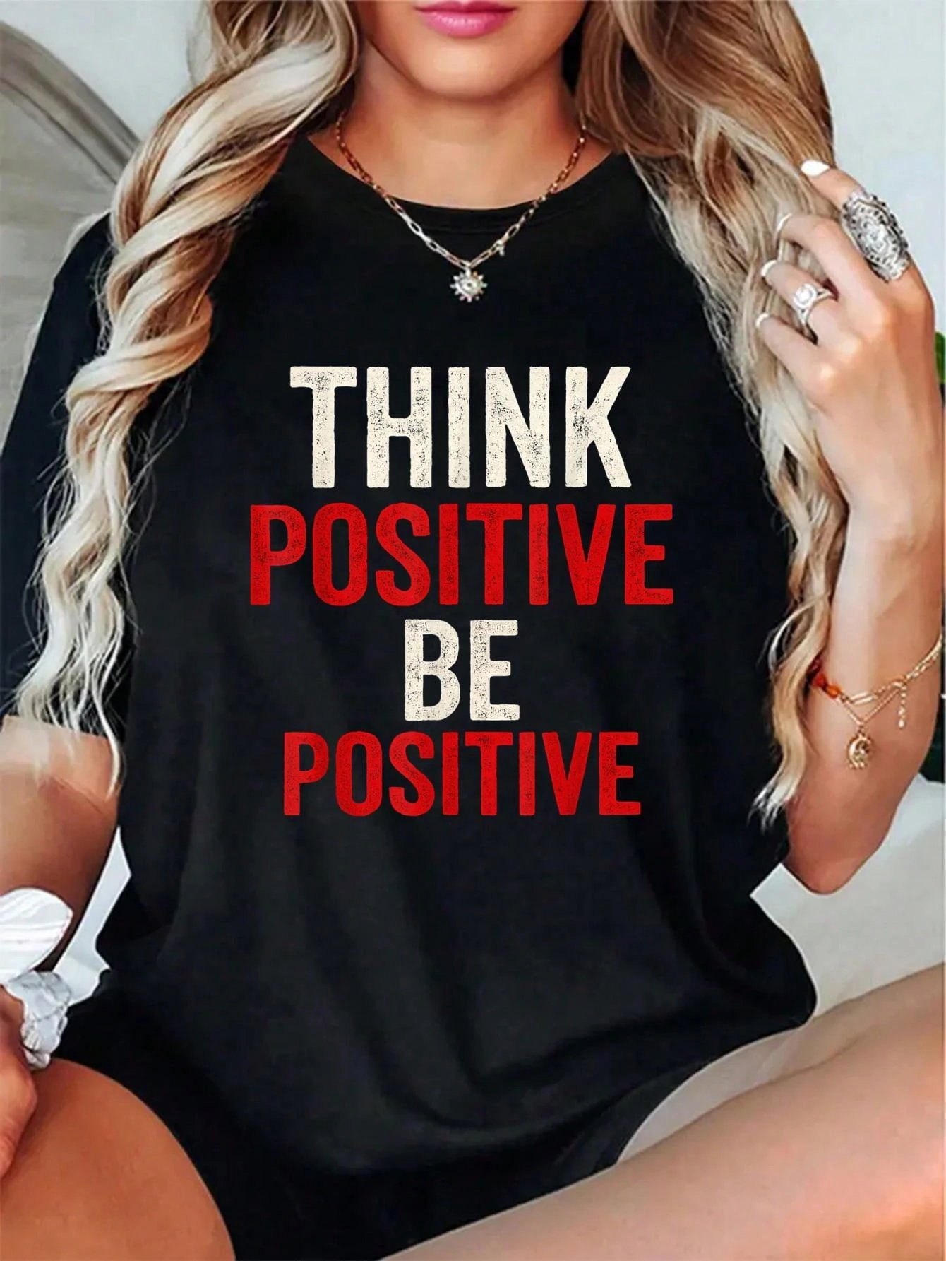 Women's Think Positive Be Positive Graphic T-Shirt Retro Motivational ...