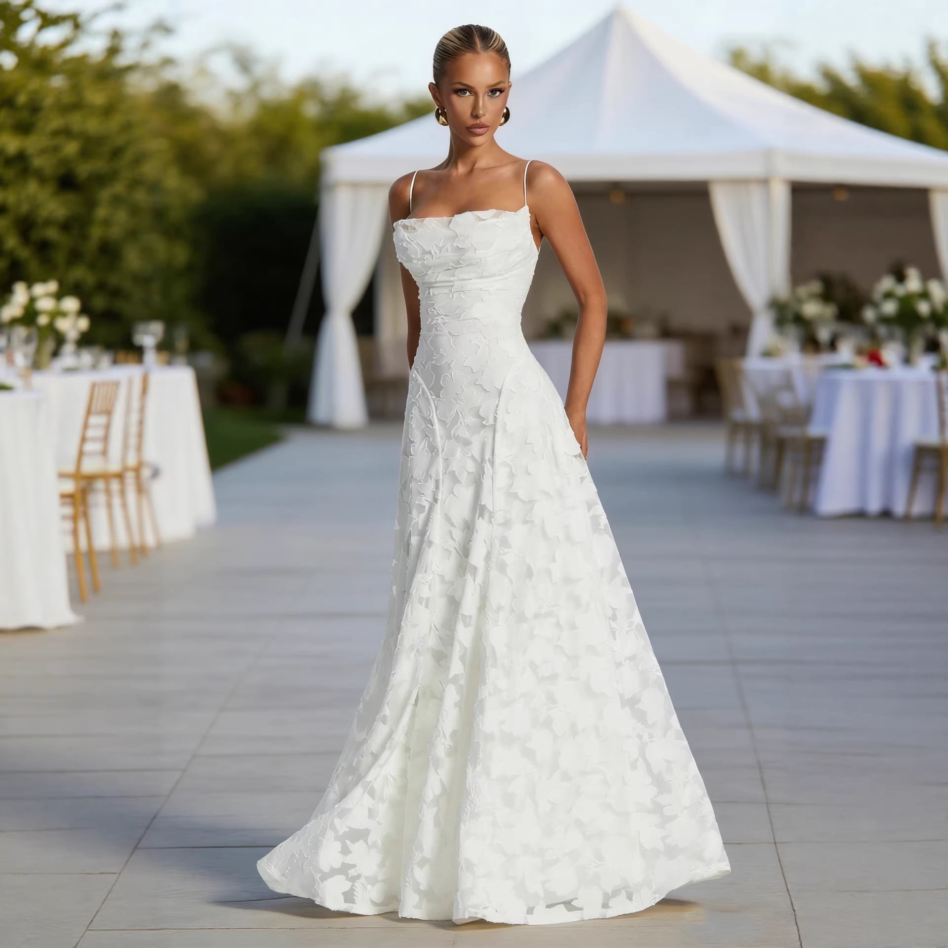 Women's Three-Dimensional Floral Jacquard Strap Evening Dress Square ...
