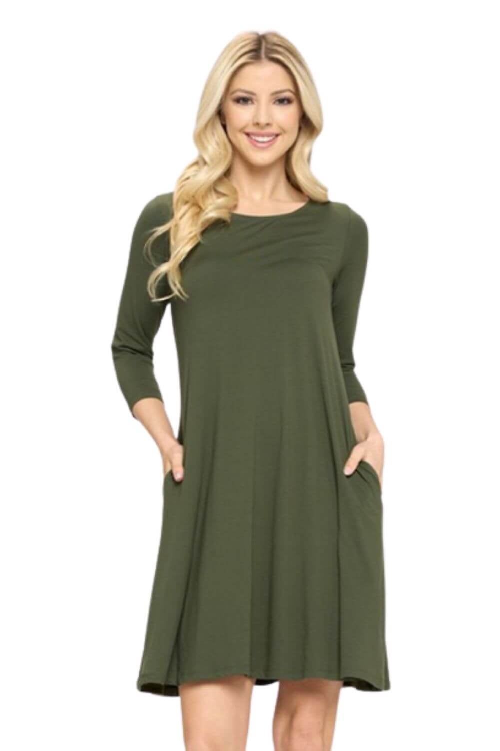 Women's Three-Quarter Sleeve Swing Dress, Dark Olive, S - Walmart.com