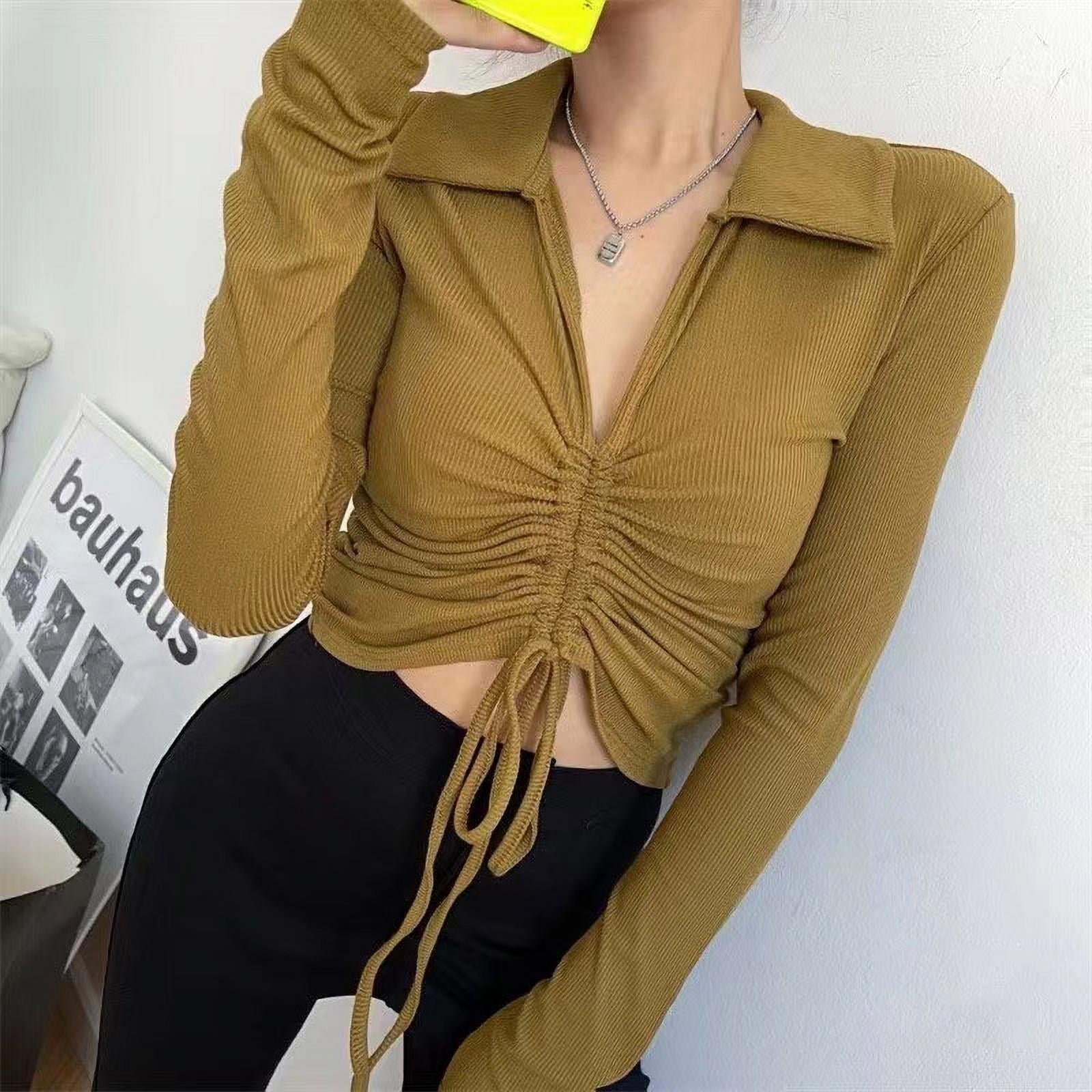 Women's Tie Up Open Front V Neck Long Sleeve Drawstring Crop Top Tee ...