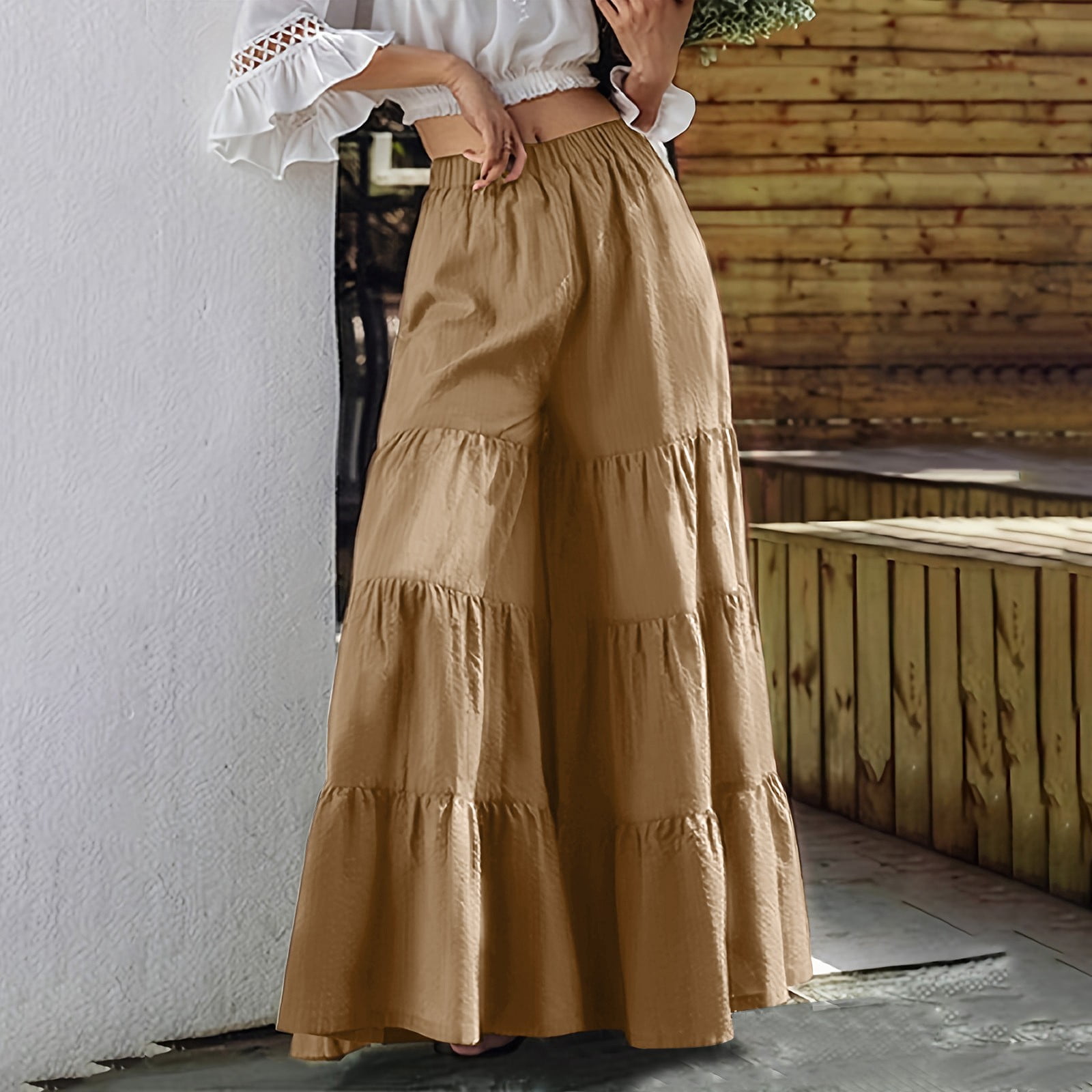 Women's Tiered Ruffle Hem Wide Leg Pants Elastic Waist Flowy Palazzo ...