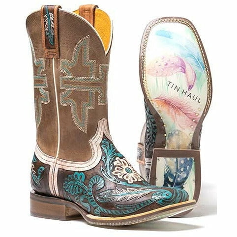 Women's Tin Haul Lone Flower Boots Boho Feather Sole Handcrafted Brown ...