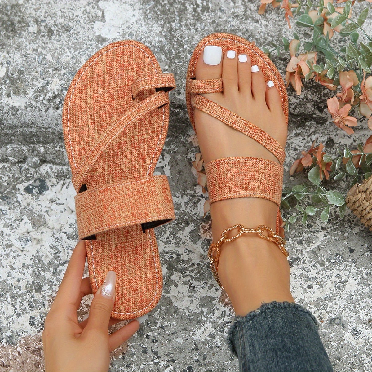 Women's Toe Loop Slip On Slide Sandals, Denim Color Flat Slides, Casual ...