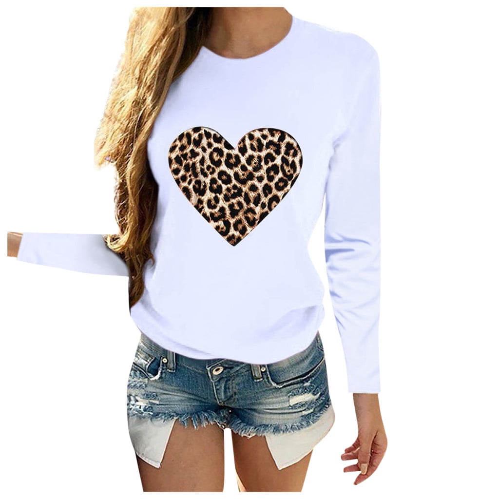 Women's Top O Neck Sleeve Long Casual Women Heart-shaped Leopard Print ...