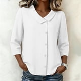 Women's Top Quarter Sleeve Lapel Solid Color Button Fashionable Blouse ...