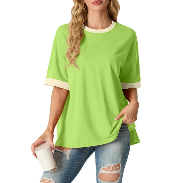 JWD Women's Top Short Sleeved T-Shirt Round Neck Casual Blouses Patchwork Split Hem Tee Top ...