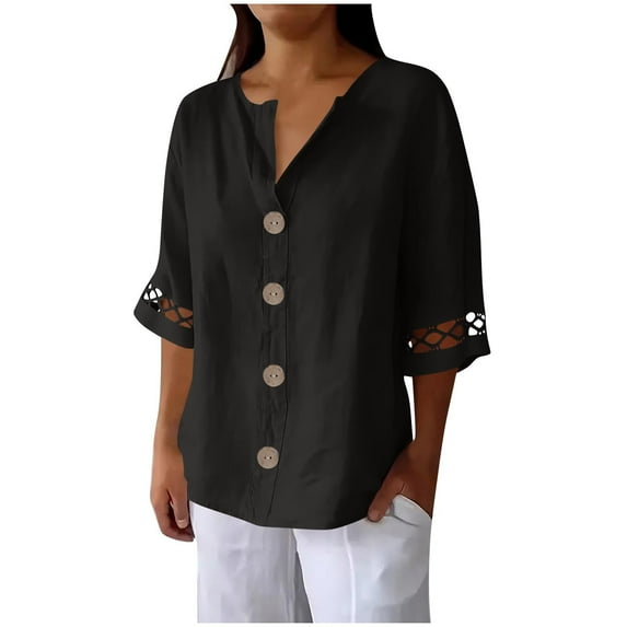 Women's Top, Solid Color Linen Button Shirt T-Shirt with Lace Splice ...