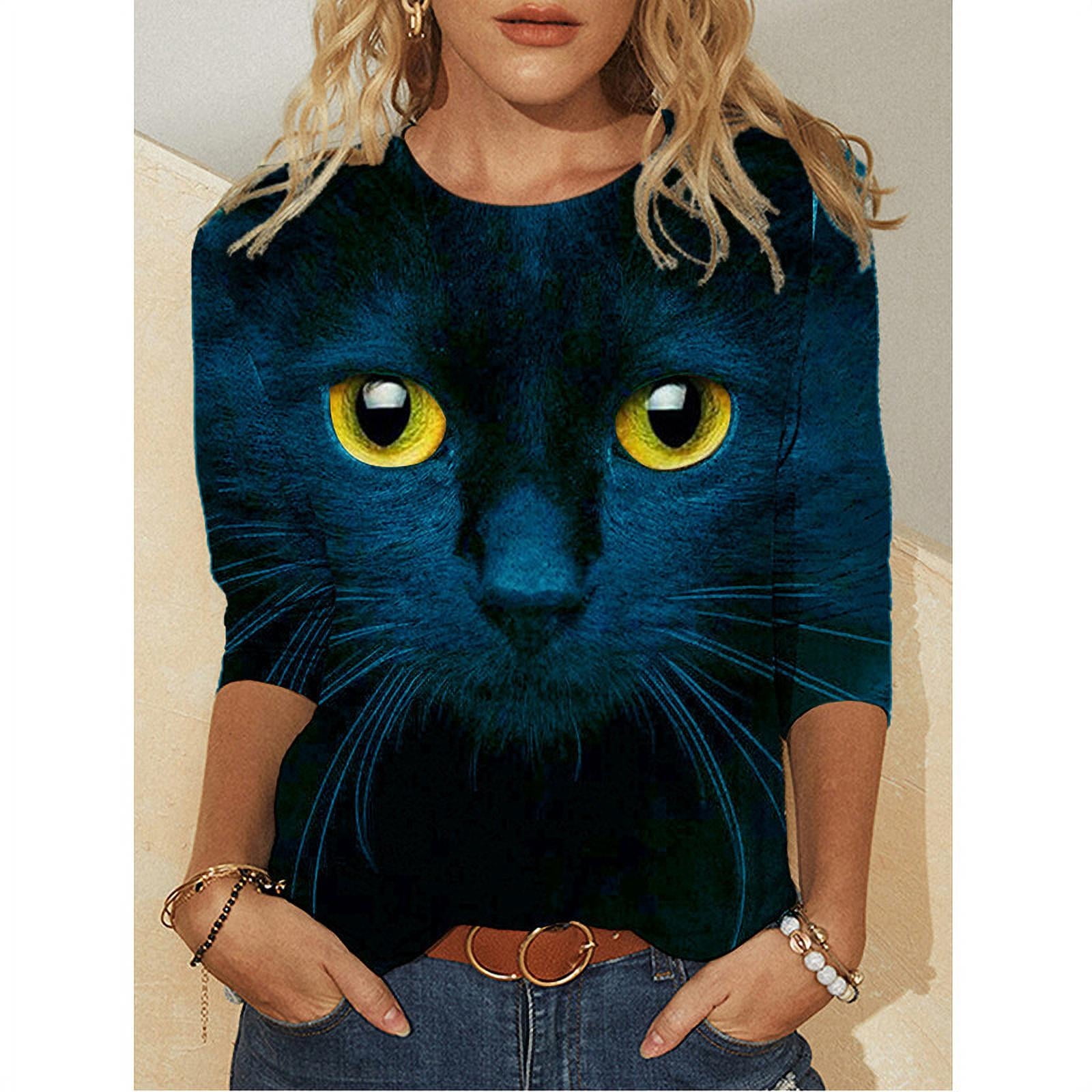 Women's Tops Cat Print Shirt Plus Size Casual Black shirts Long Sleeve ...