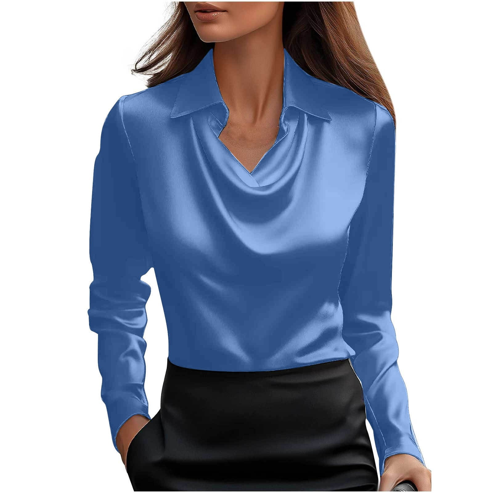 Women's Tops Dressy 2026 Ice Silk Cowl Neck Blouse Long Sleeve Shirts ...