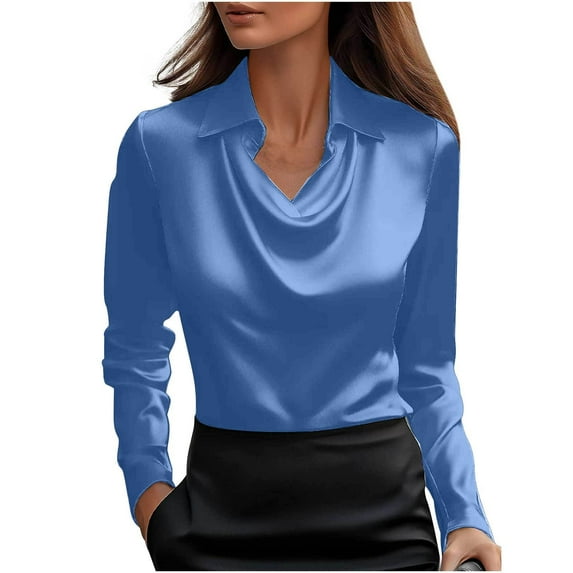 Women's Tops Dressy 2026 Ice Silk Cowl Neck Blouse Long Sleeve Shirts ...