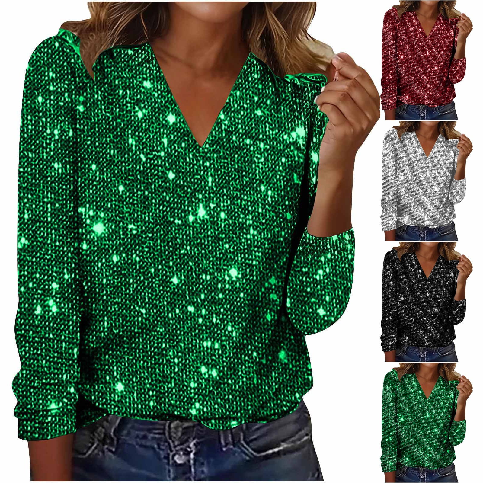 Women's Tops Dressy 2026 Long Sleeve V Neck Sparkly Layers Sequin ...