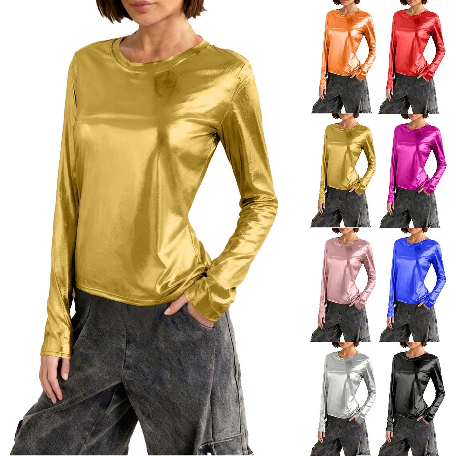 Women's Tops Dressy 2026 Y2K Night Out Tops Crew Neck Shiny Tunic ...