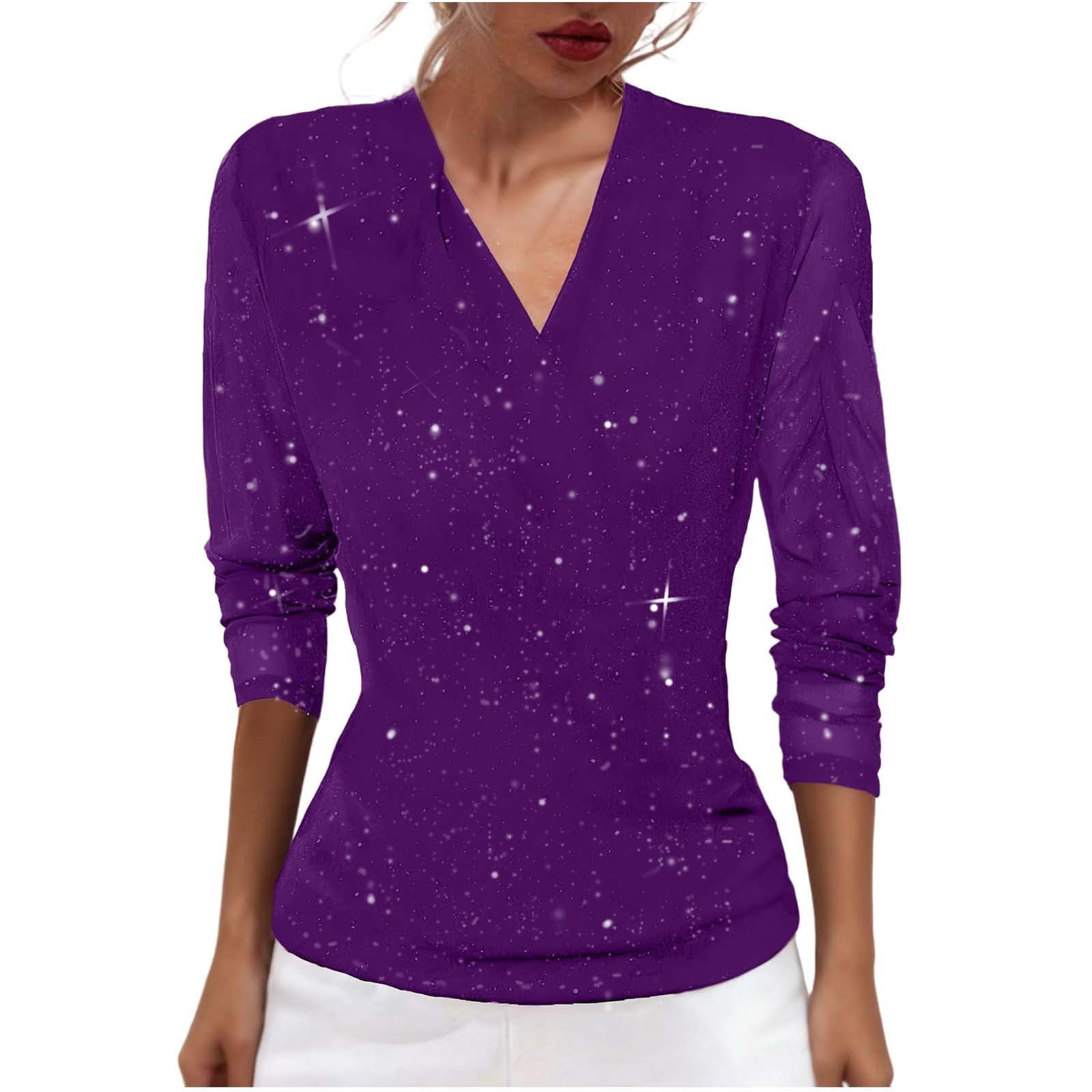 Women's Tops Glitter Party Long Sleeve Sparkling Shirt V-Neck Shirt ...