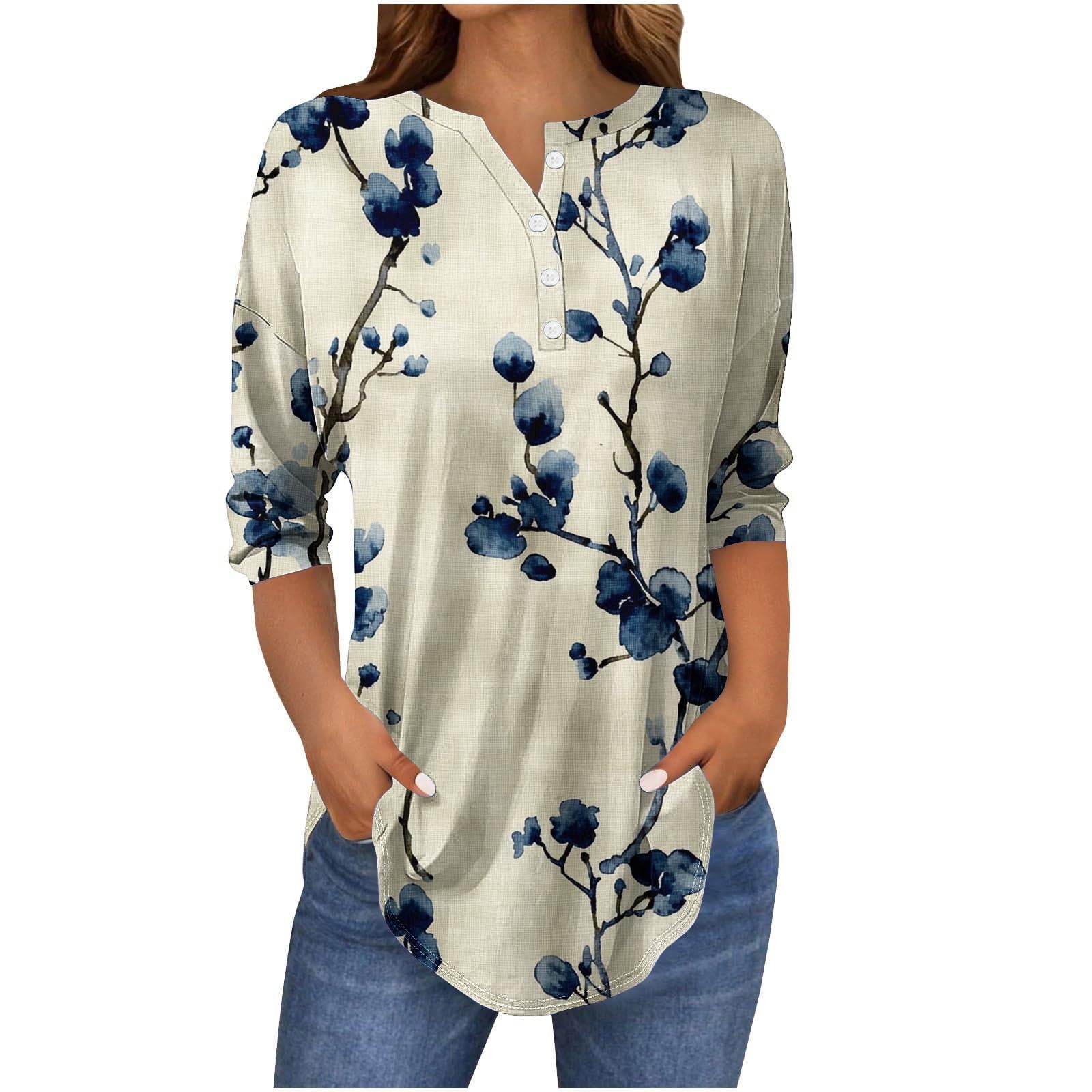 Women's Tops Printing Blouses 3/4 Sleeved Button Round Neck Fashionable Top Summer Tops For ...