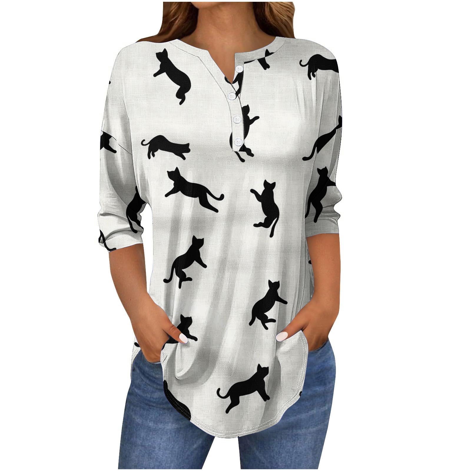 Women's Tops Printing Blouses 3/4 Sleeved Button Round Neck Fashionable Top Summer Tops For ...