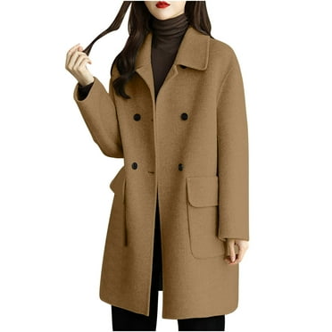Fall Winter Pea Coat Women's Basic Essential Double Breasted Mid-Long Wool Blend Elegant ...