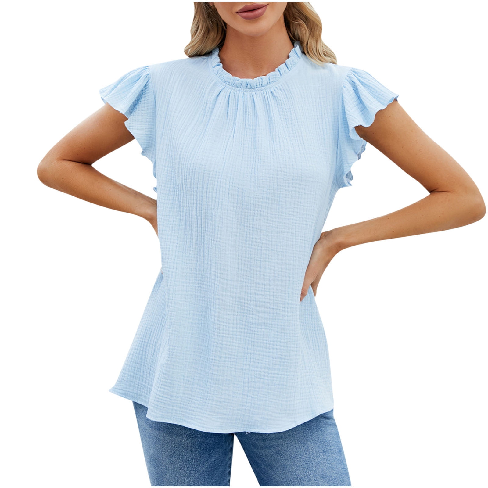 Women's Trendy Casual Tops Ruffled Sleeve Crewneck Pleated Front Loose Fit Solid Cute Babydoll ...