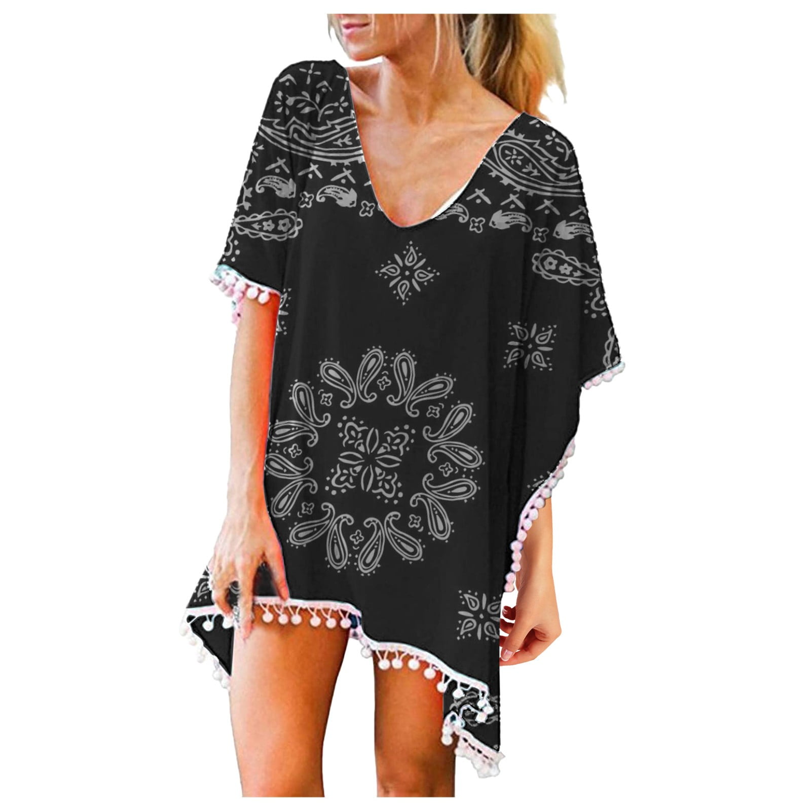 Womens Trim Kaftan Chiffon Tassels Swimwear Beach Loose Bikini Cover