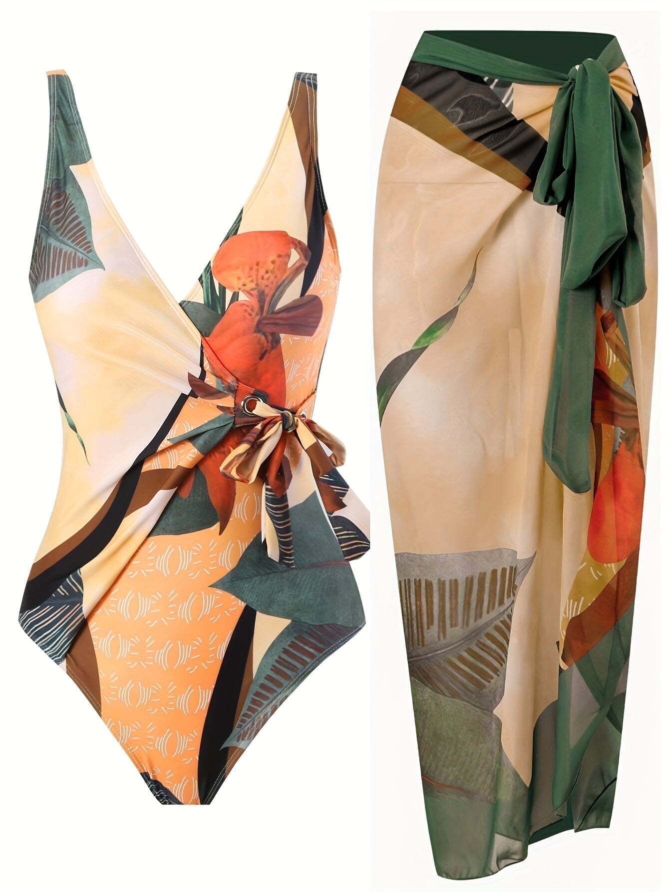 Women's Tropical Print One-piece Swimsuit with Cover-up Beach Dress Two ...