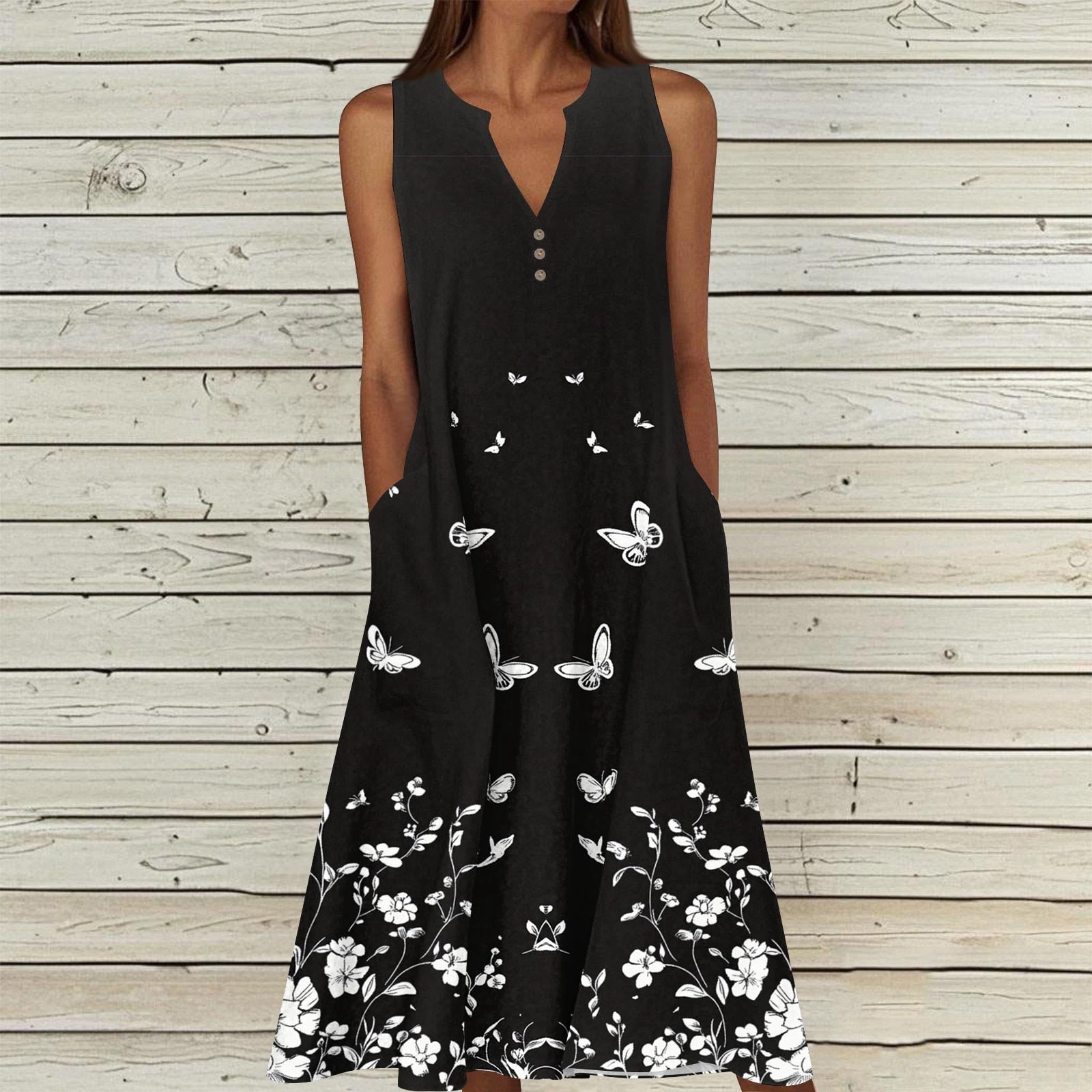 Women's Tropical Sleeveless Midi Tank Dress V Neck Colorful Leaf Print ...
