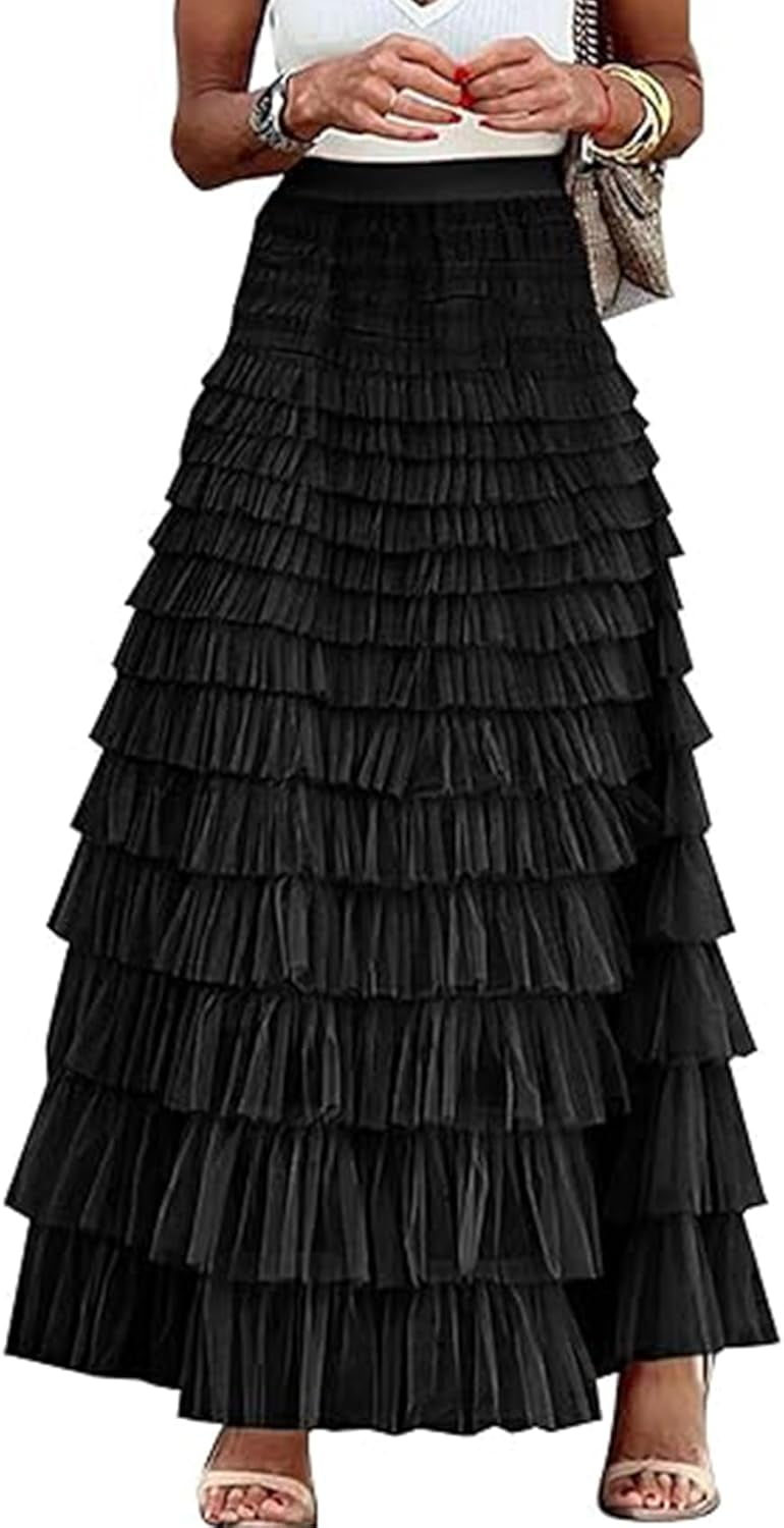 Women's Tulle Midi Skirt Elastic High Waist A-Line Ruffle Tiered ...