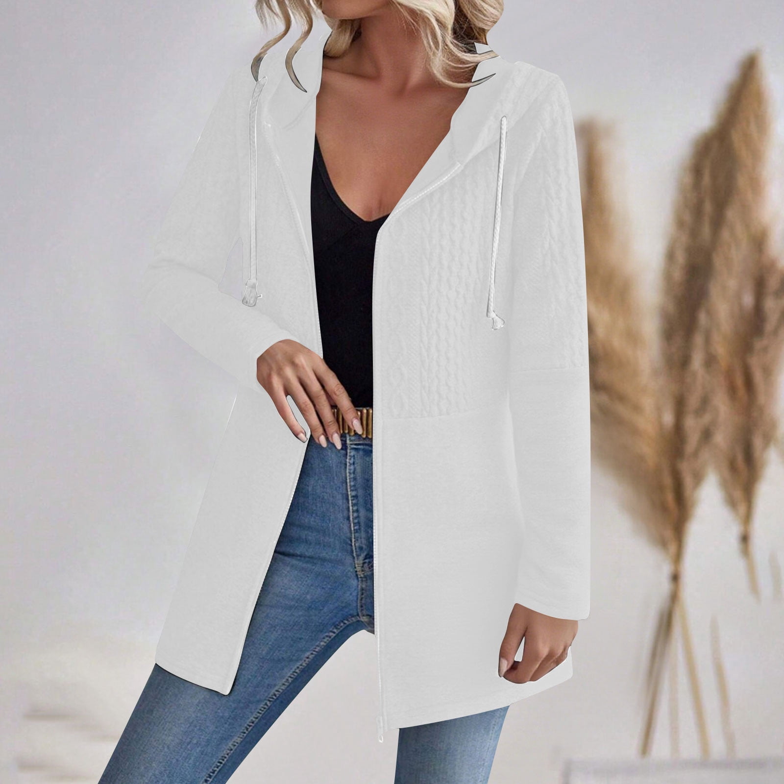 Women's Tunic Jackets Cable Knit Zip up Long Sleeve Drawstring Hoodies ...