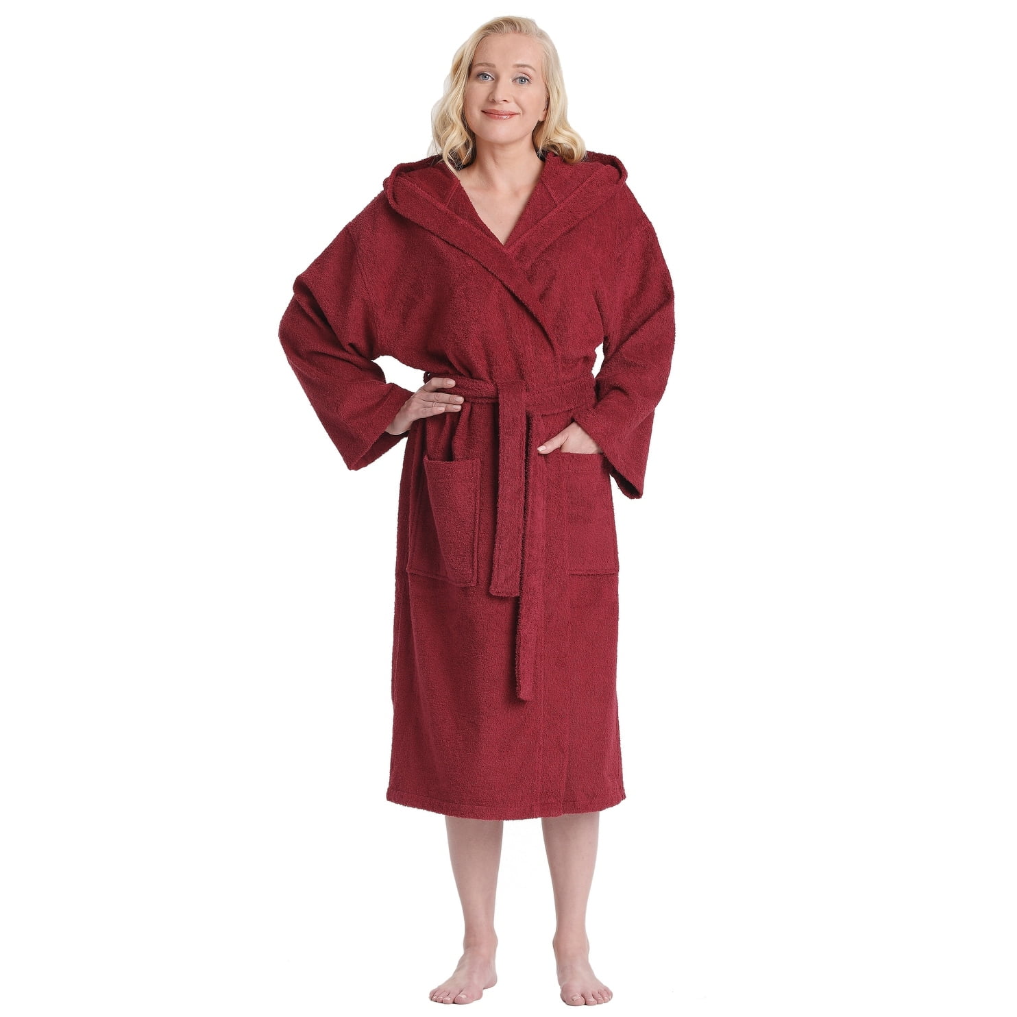 Women's Turkish Cotton Hooded Bathrobe Burgundy XS - Walmart.com