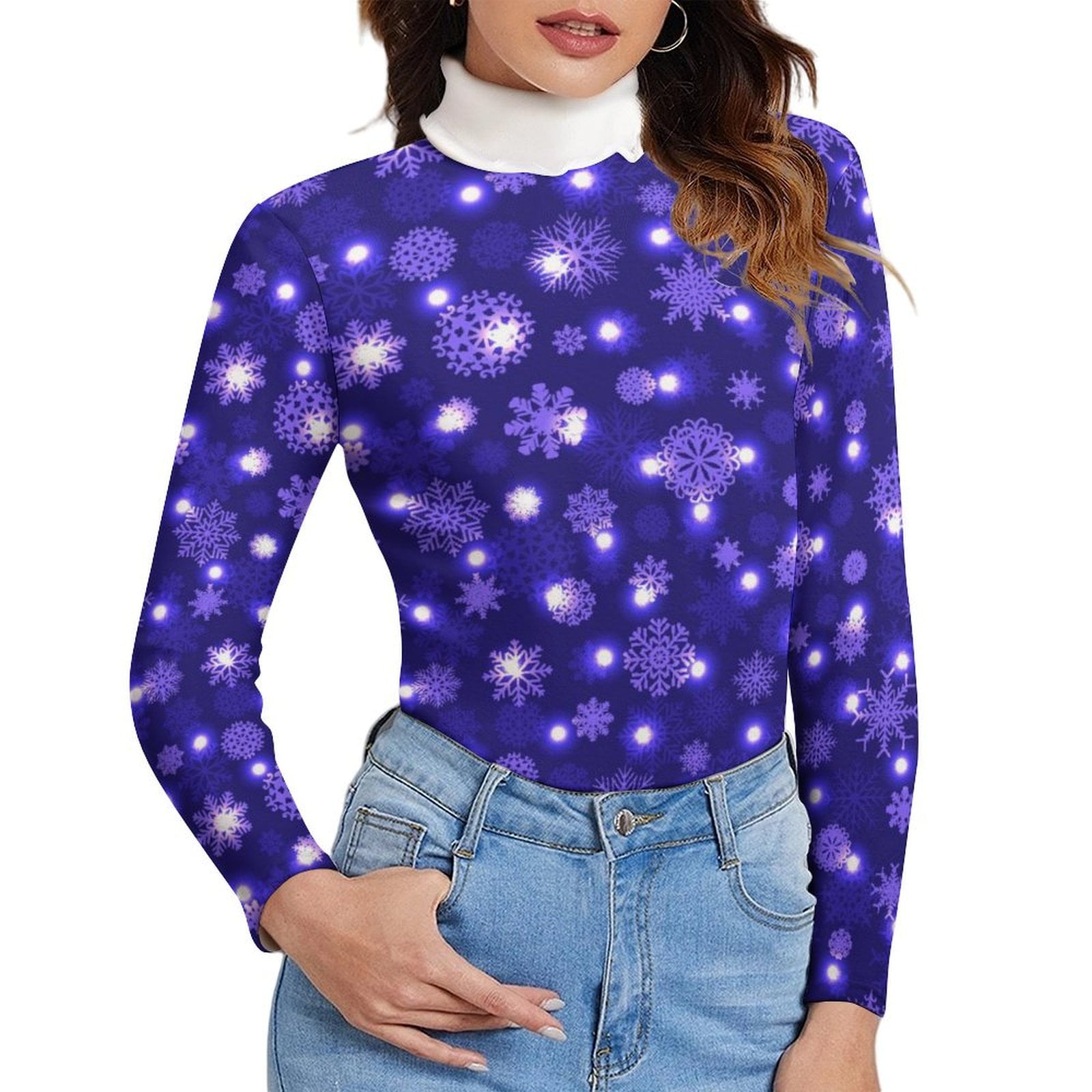 Women's Turtleneck Long Sleeve Shirts Beautiful Purple Snowflakes Soft Mock Turtle Neck Tops ...