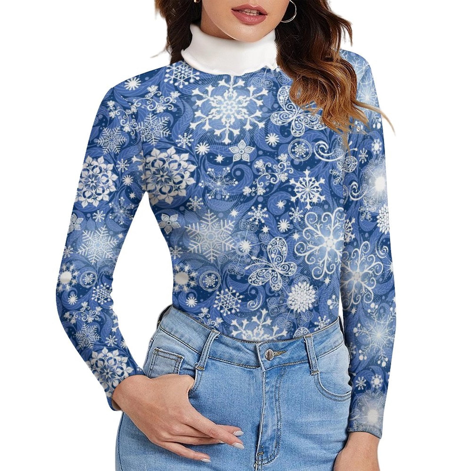 Women's Turtleneck Long Sleeve Shirts Whiet Snowflake Blue Background ...
