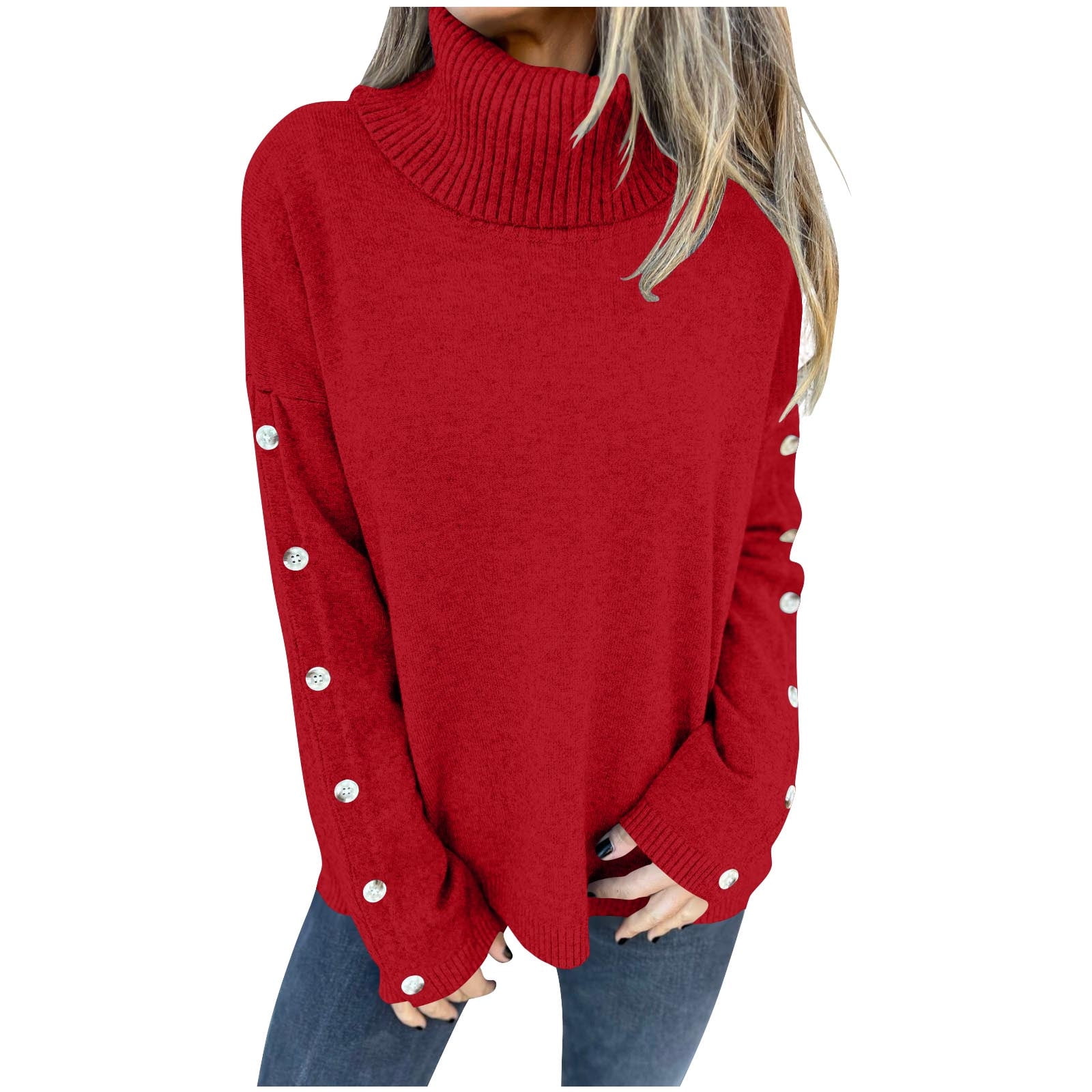 Women's Turtleneck Sweater Button Detail Long Sleeve Chunky Knit ...