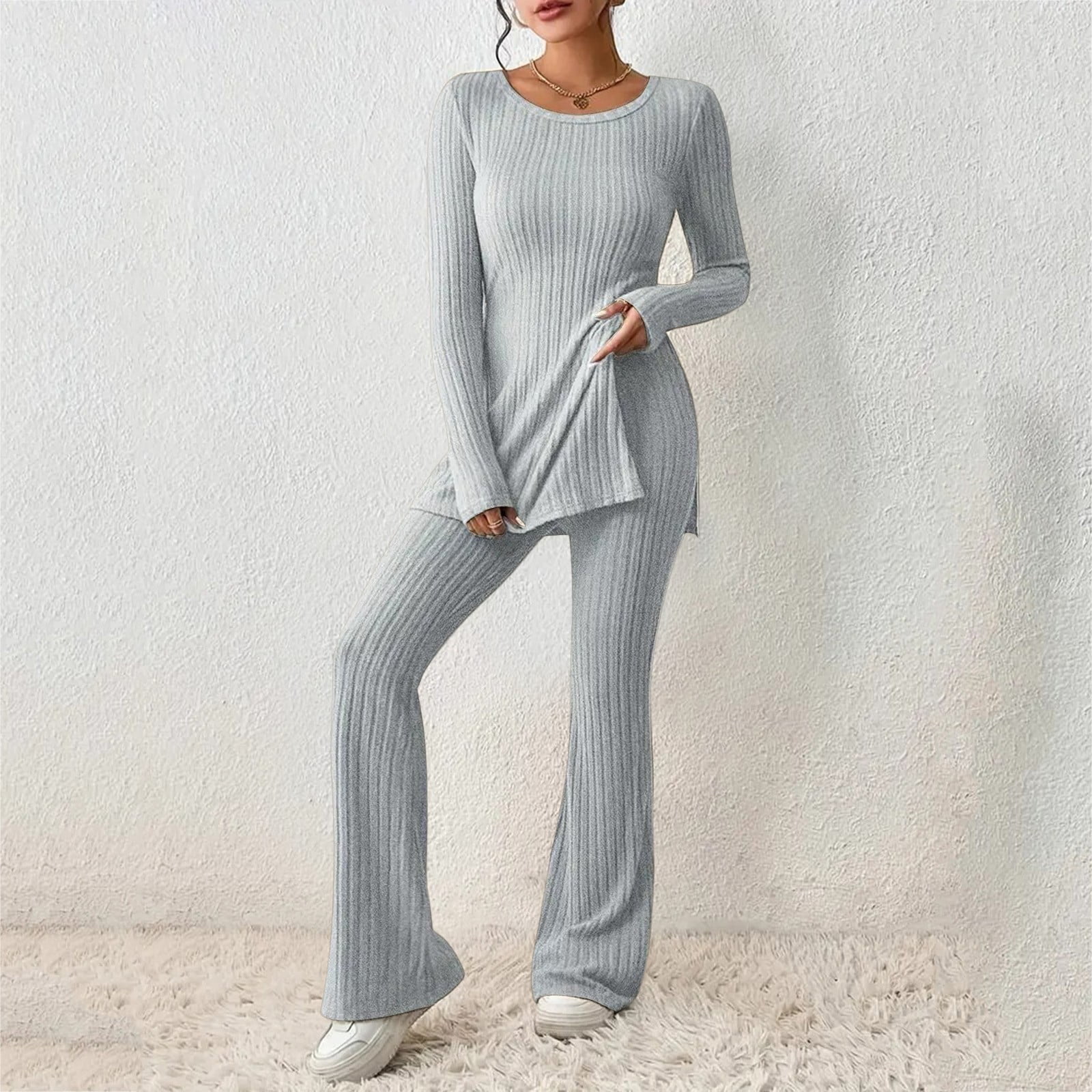 Women's Two Piece Knit Matching Outfits Crew Neck Slit Hem Tee And ...
