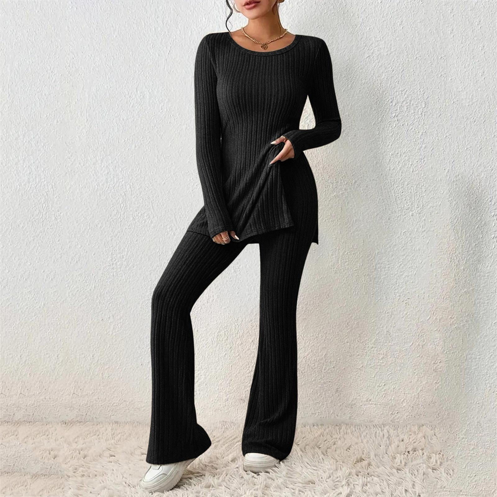 Women's Two Piece Knit Matching Outfits Crew Neck Slit Hem Tee And ...