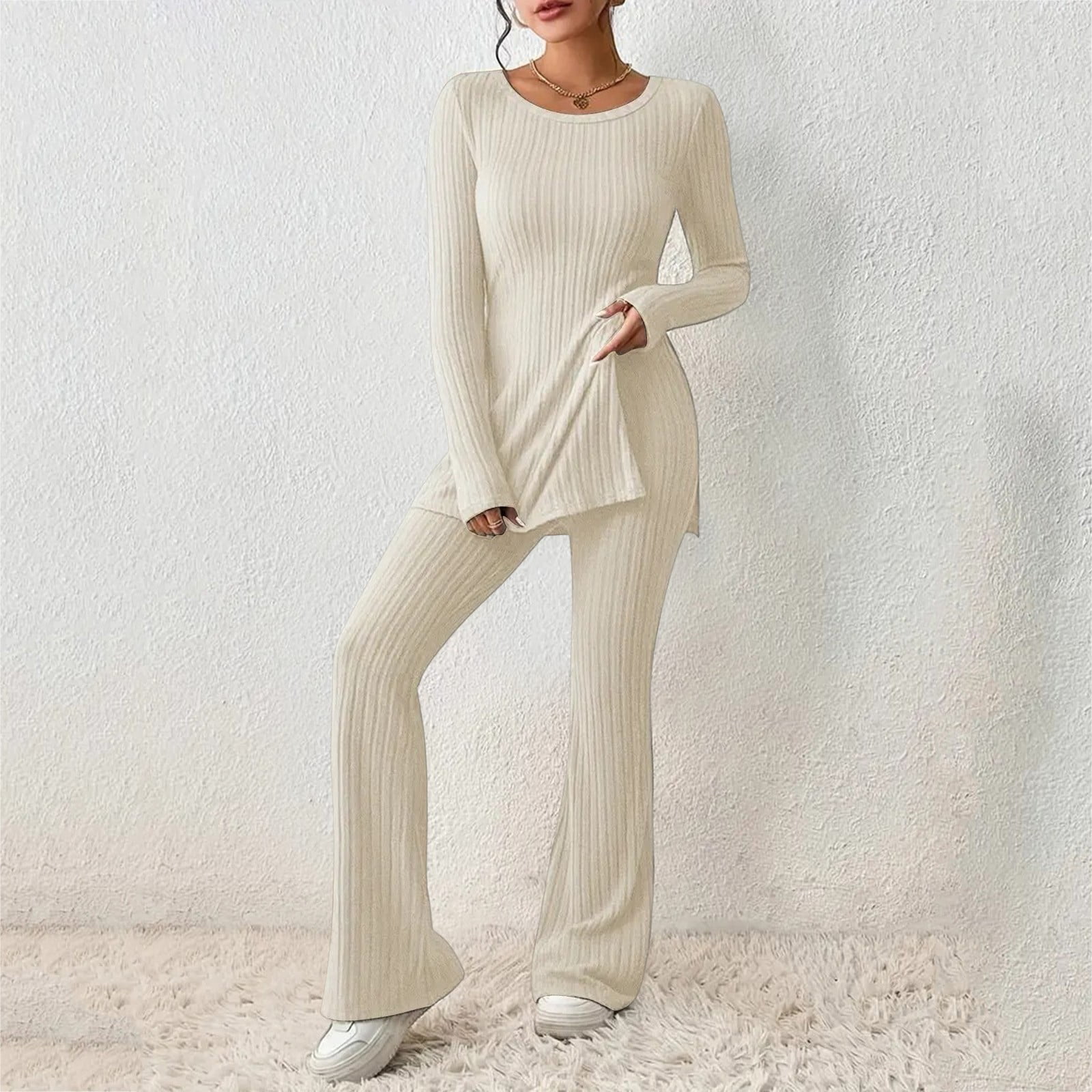 Women's Two Piece Knit Matching Outfits Crew Neck Slit Hem Tee And ...