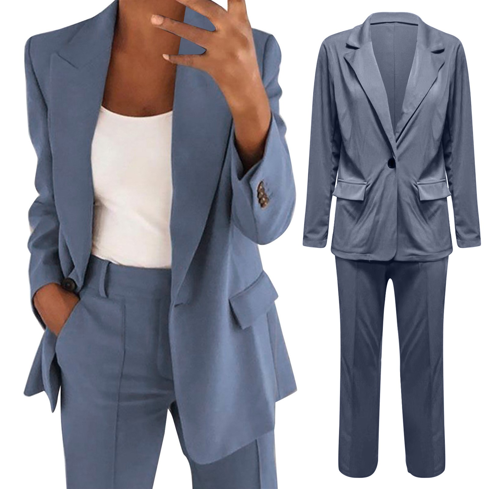 Women's Two Piece Lapels Suit Set Office Business Long Sleeve Button ...