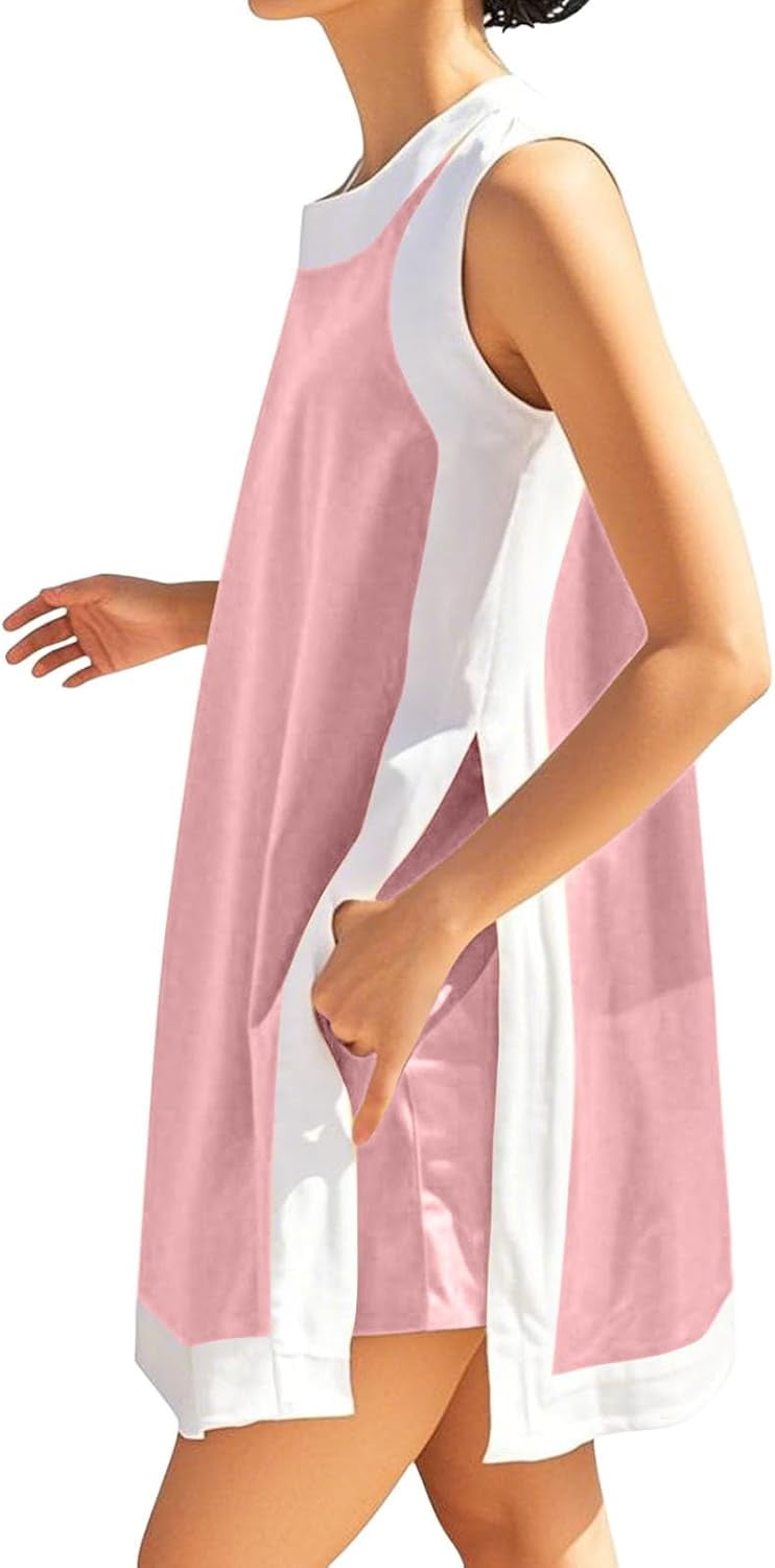 Women's Two Piece Outfits Sleeveless Crew Neck Side Slit Tank Top ...