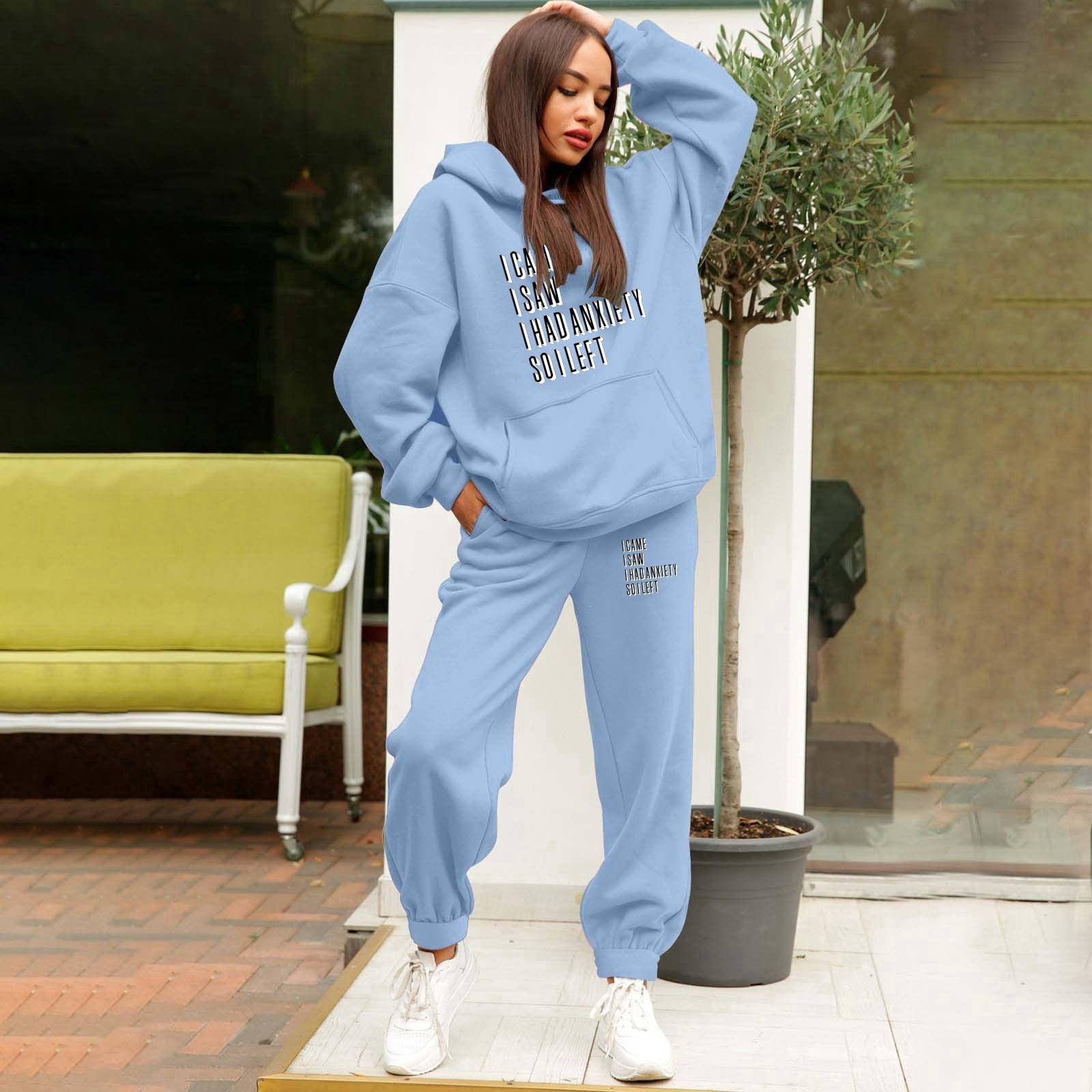 Women's Two Piece Pants Set With Cute English Print Long Sleeve Hooded ...