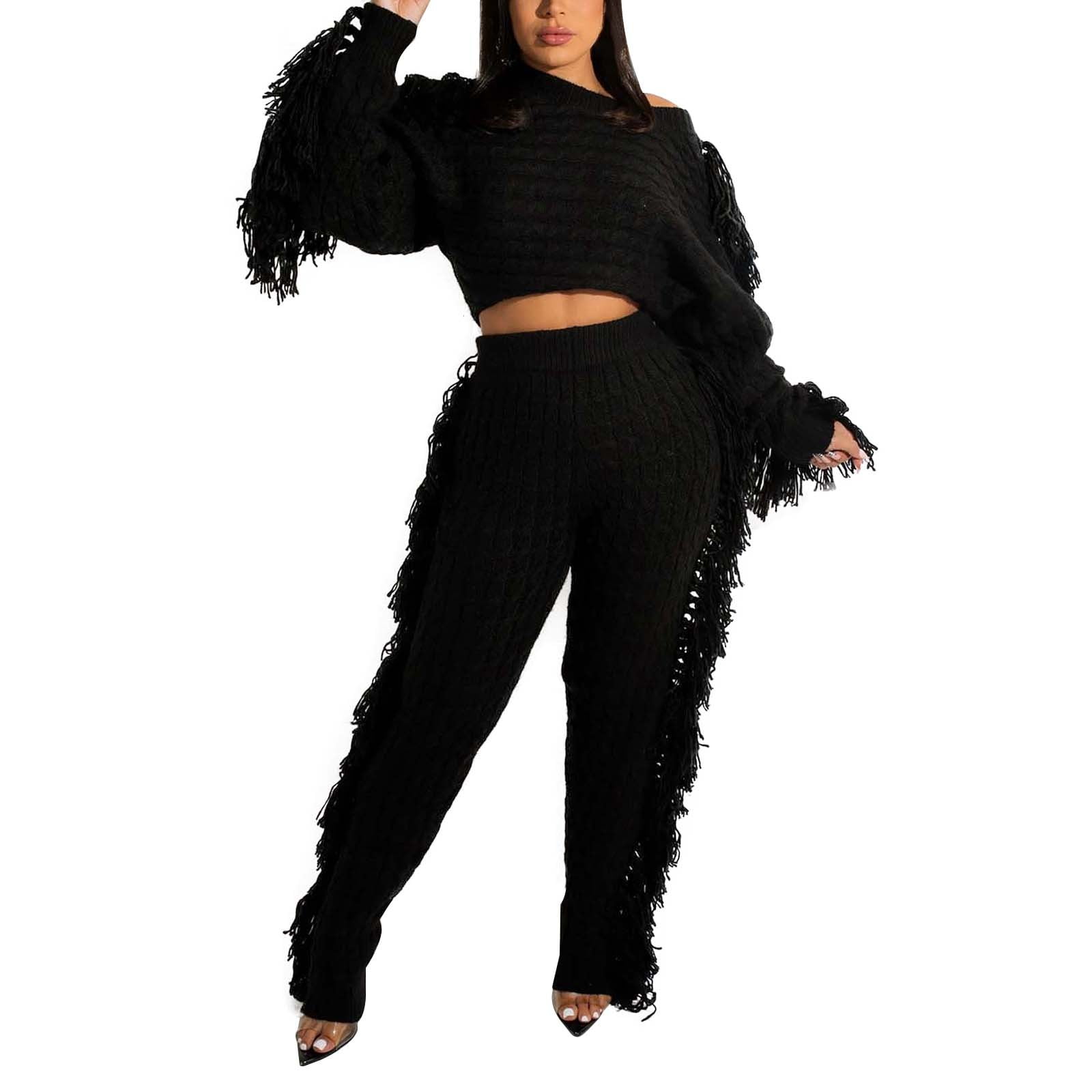 Women's Two Piece Sets Solid Knit Long Sleeve Fringe Sweater Trendy ...