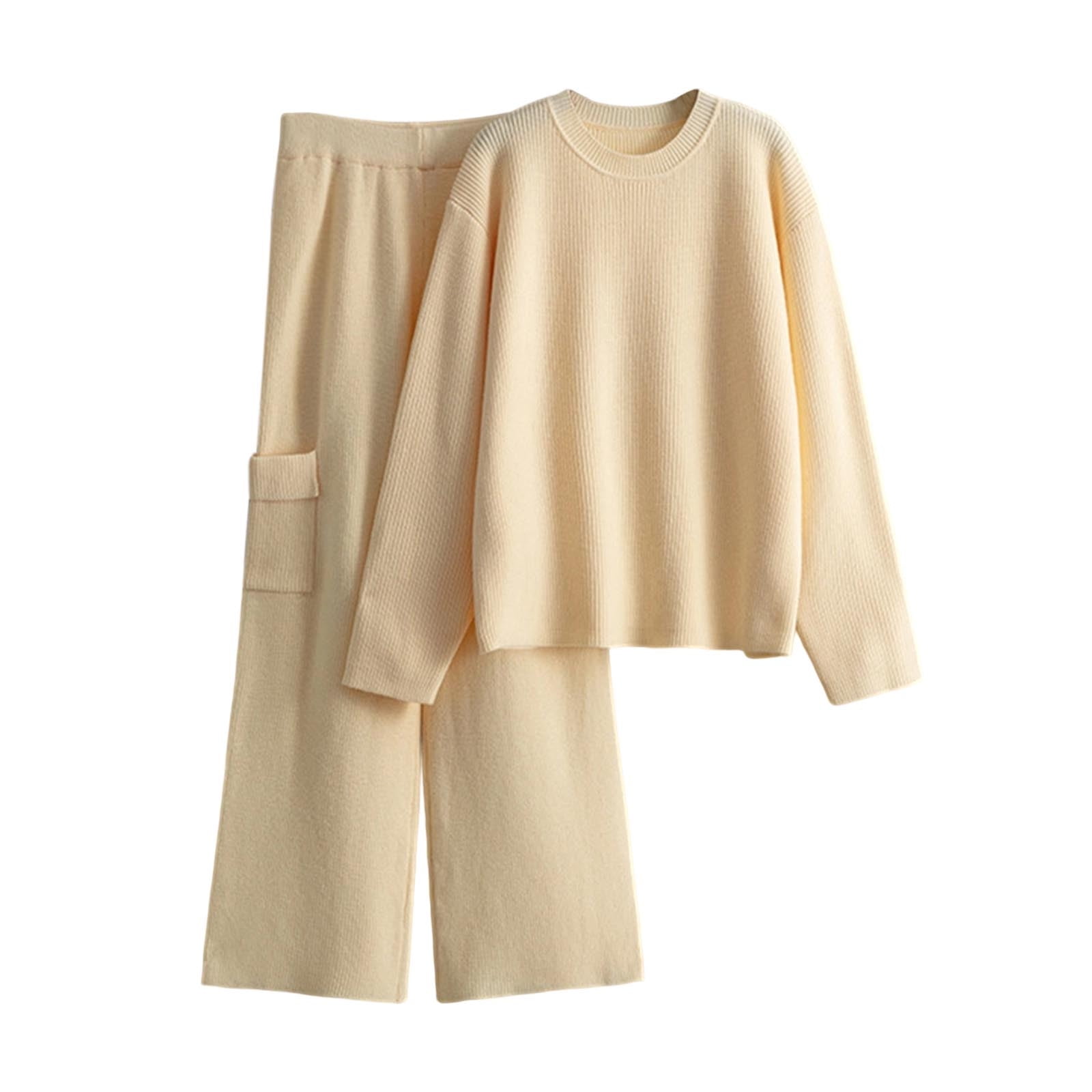 Women's Two Piece Sweater Lounge Set Long Sleeve Sweater Wide Leg Pants ...