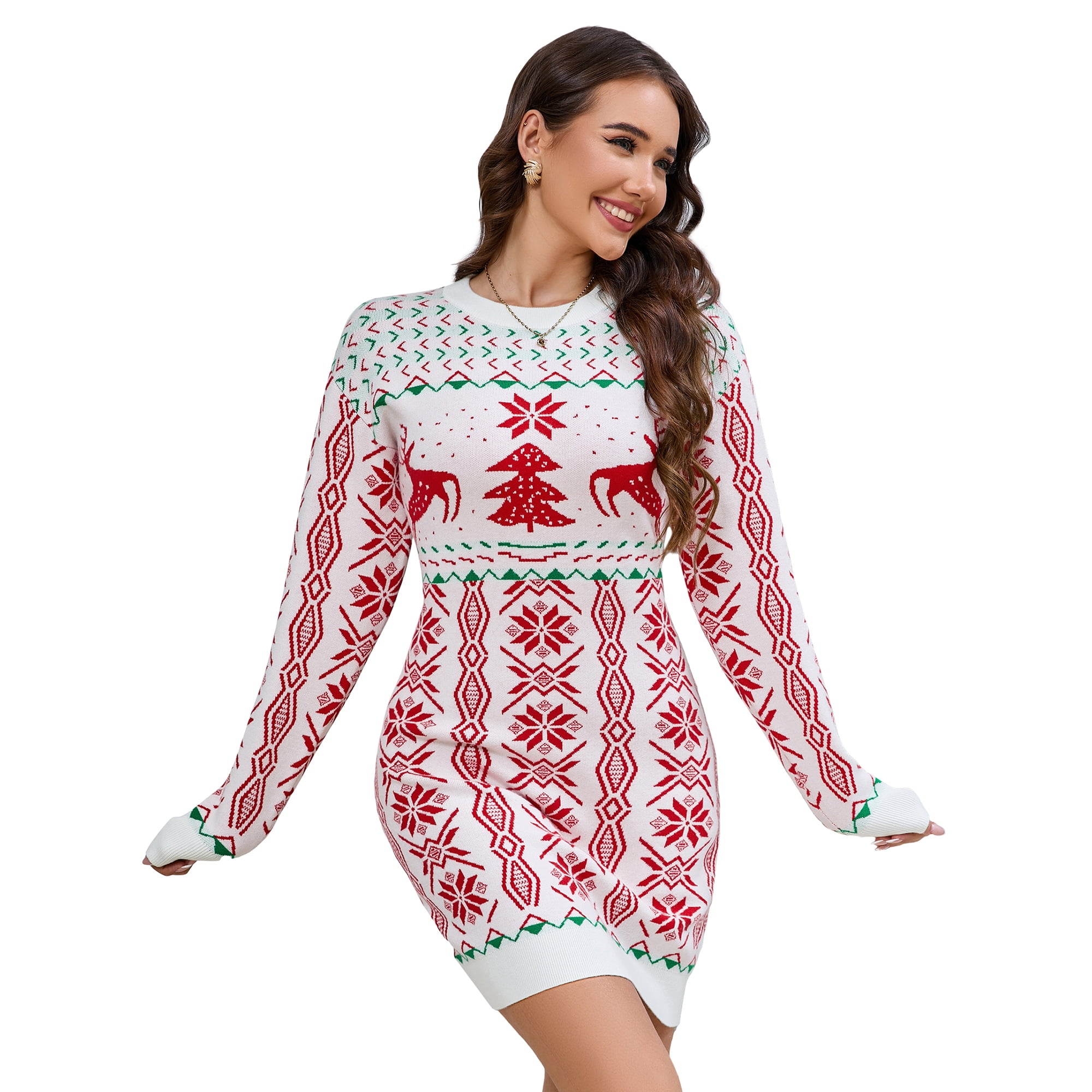 Women's Ugly Christmas Sweater Long Sleeve Round Neck Slim Mini Dress ...