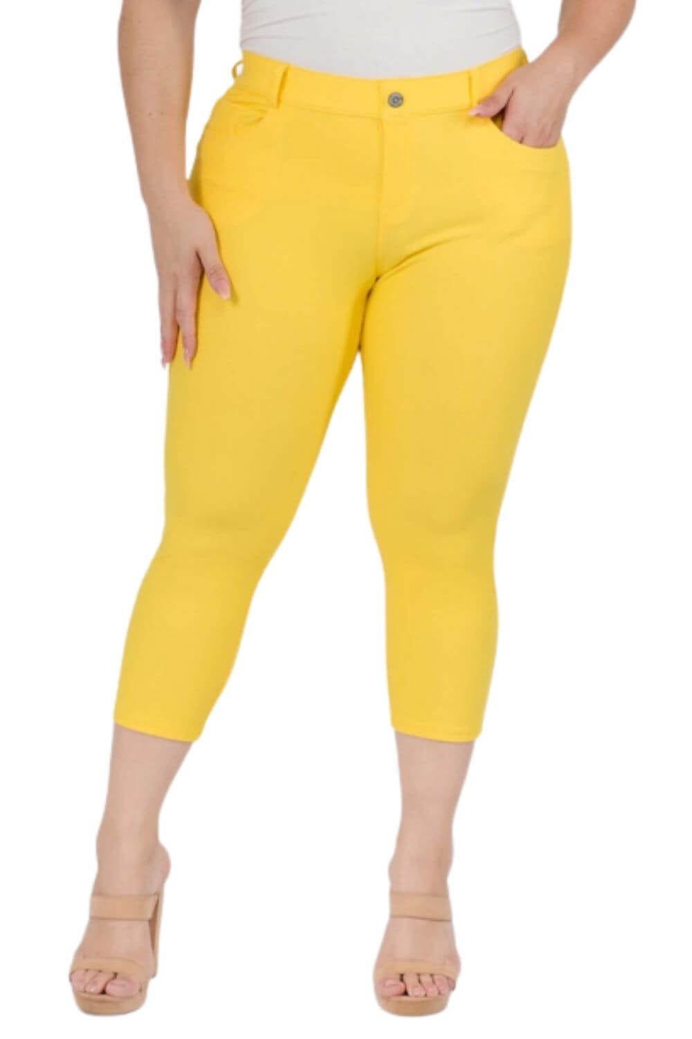Women's Ultra Stretchy Classic 5 Pocket Jeggings, Capri, Yellow, XL ...
